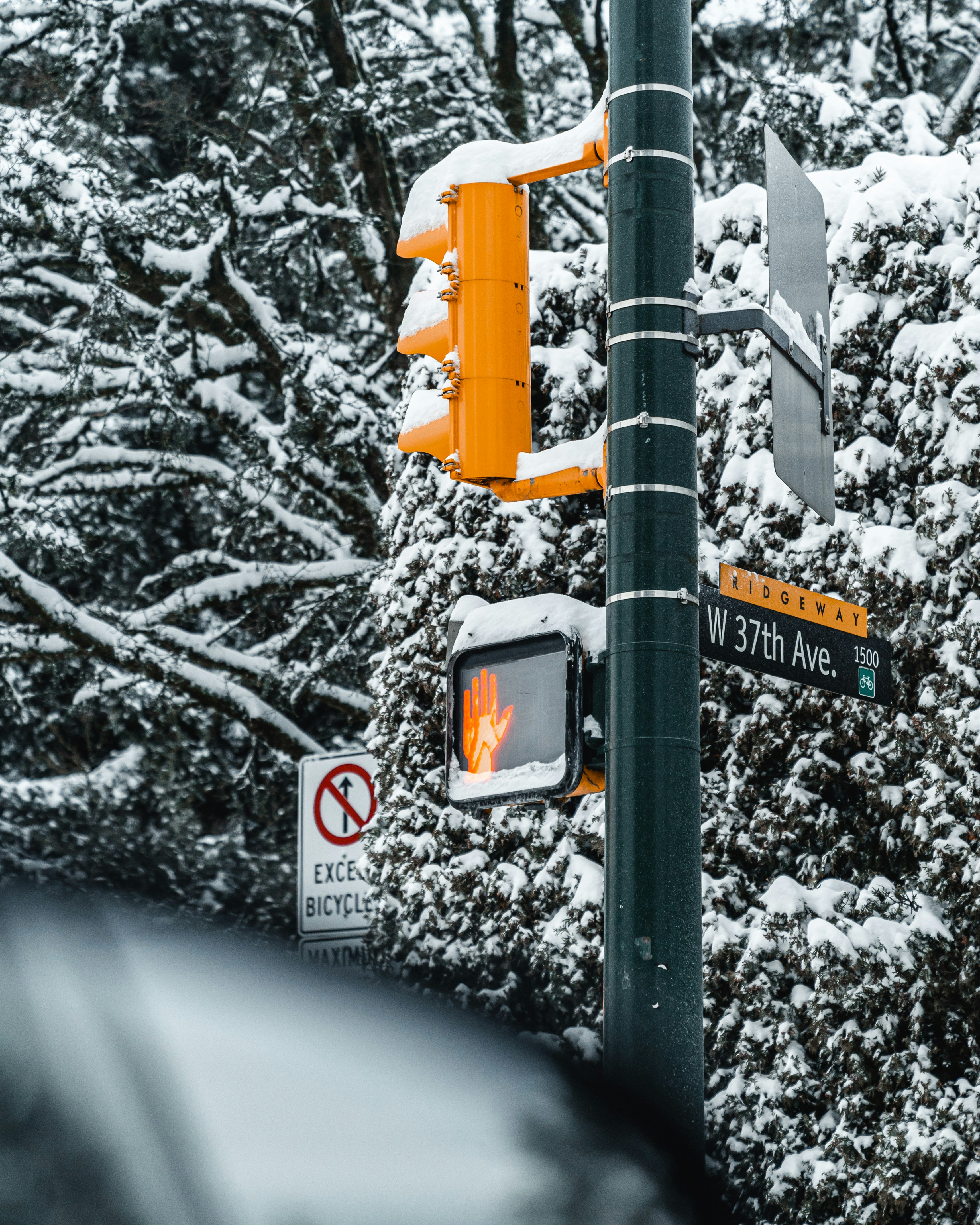 Traffic signal displaying a hand symbol amidst a snowy urban landscape, with street signs partially obscured by snow. 
