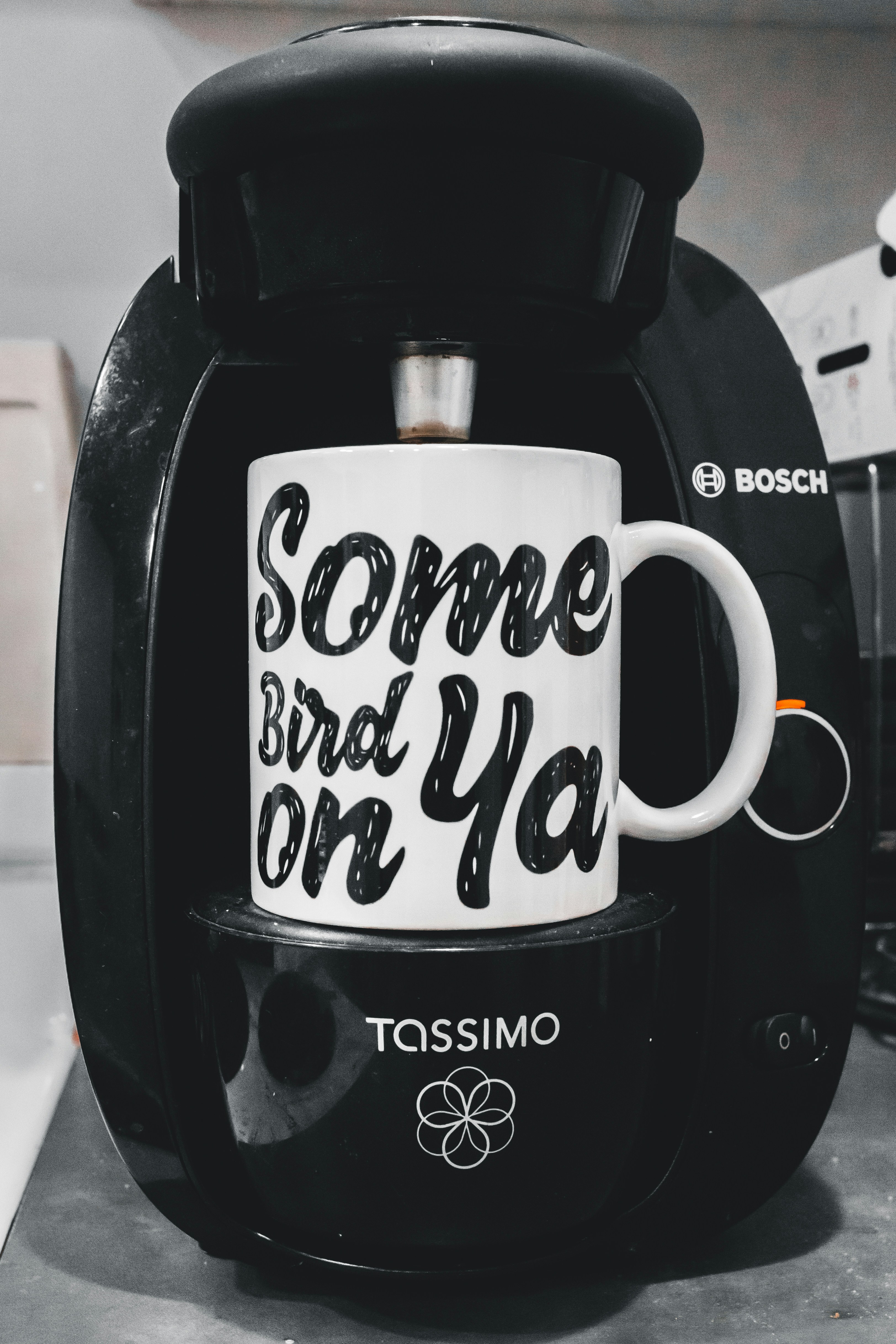 Bold Script Mug Centered in a Bosch Tassimo Portrait