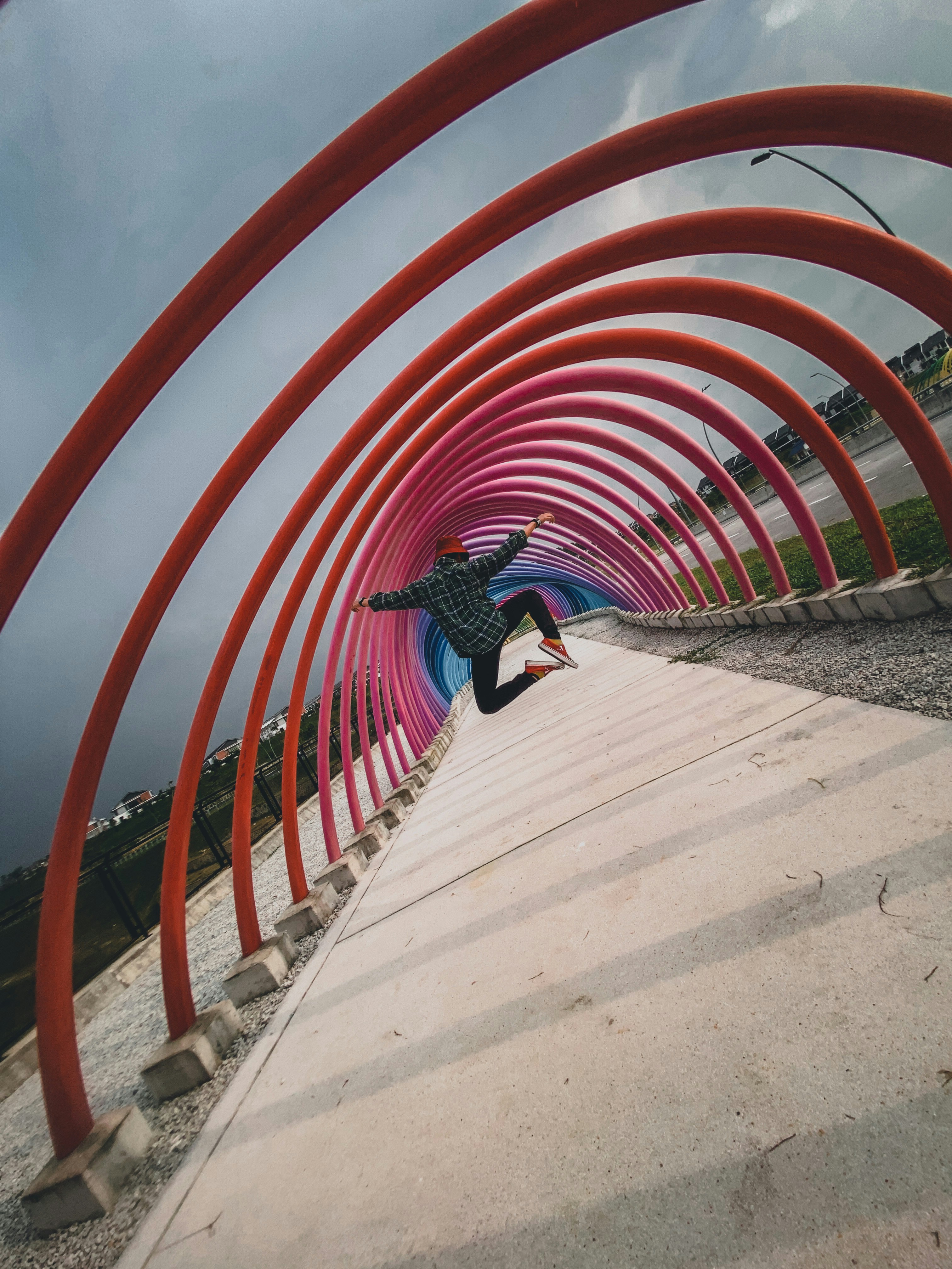 Dynamic Leap through Colorful Arches