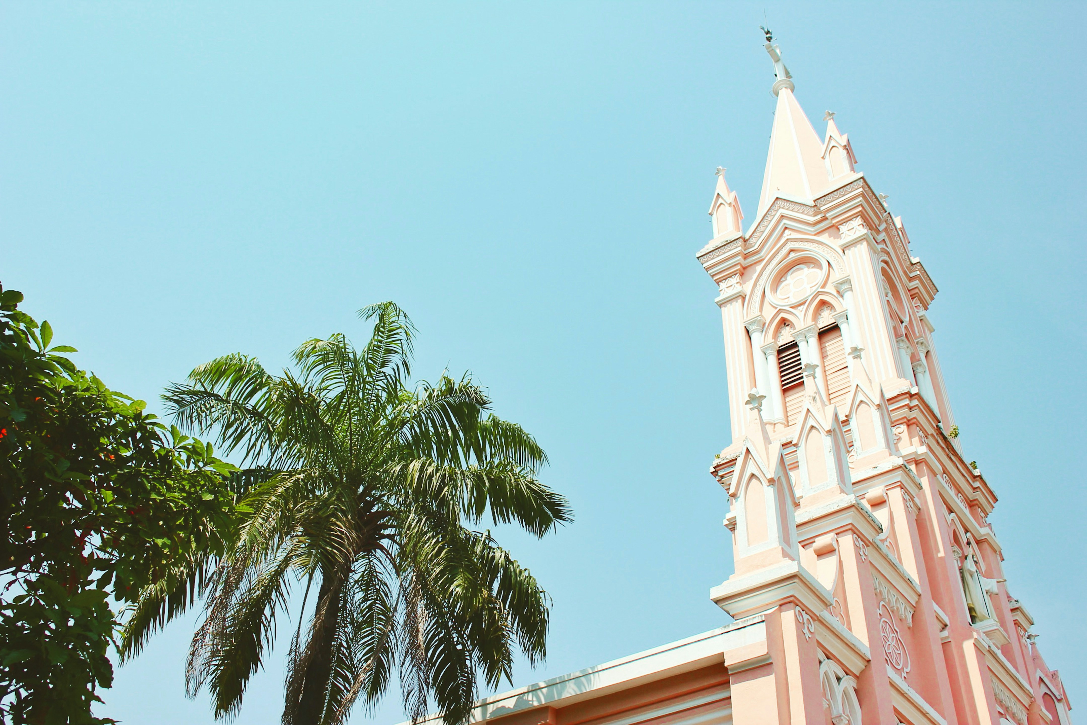 A charming pink church tower framed by lush palm trees under a bright blue sky.