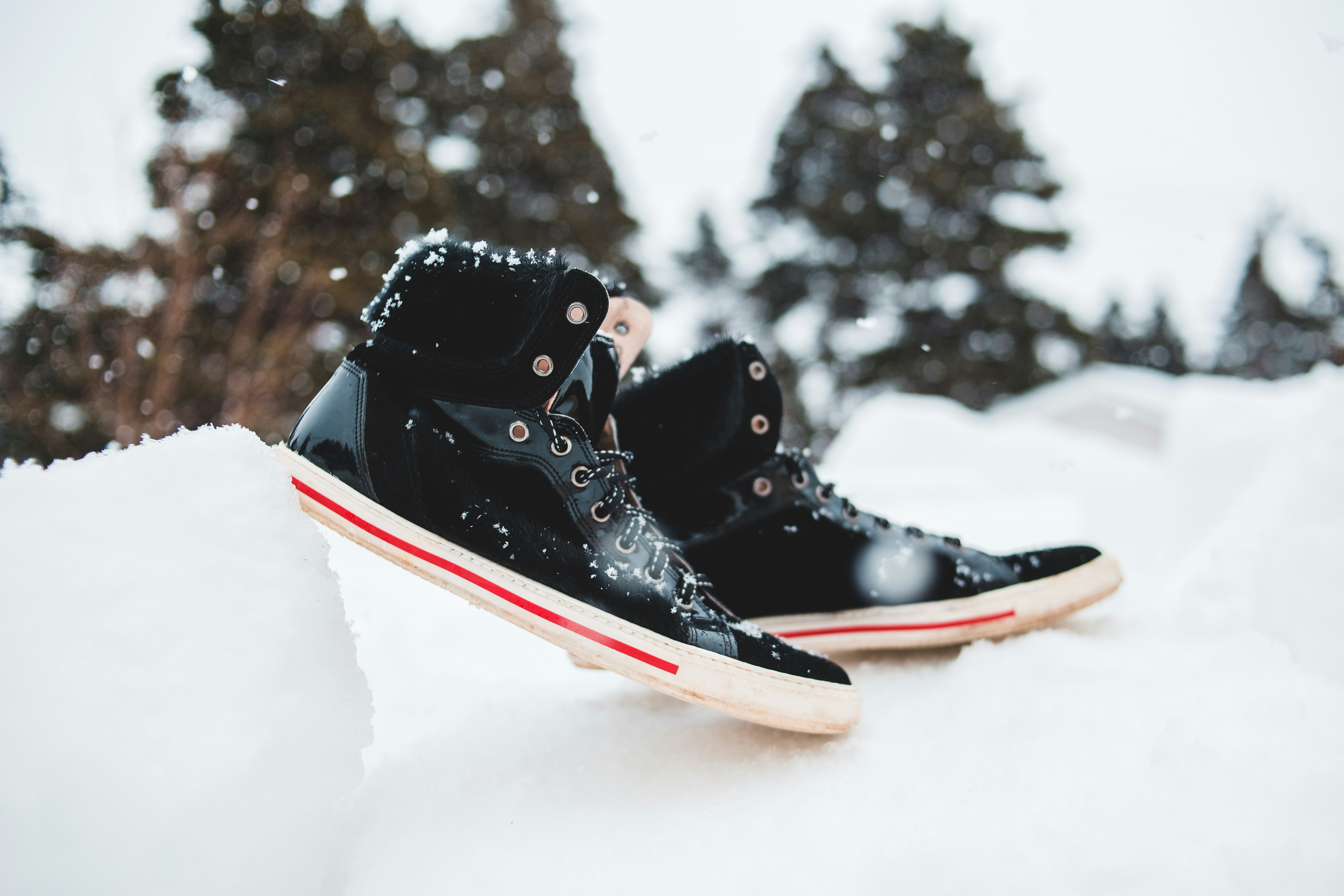 Black red and white air jordan 1s on snow covered ground photo – Free ...