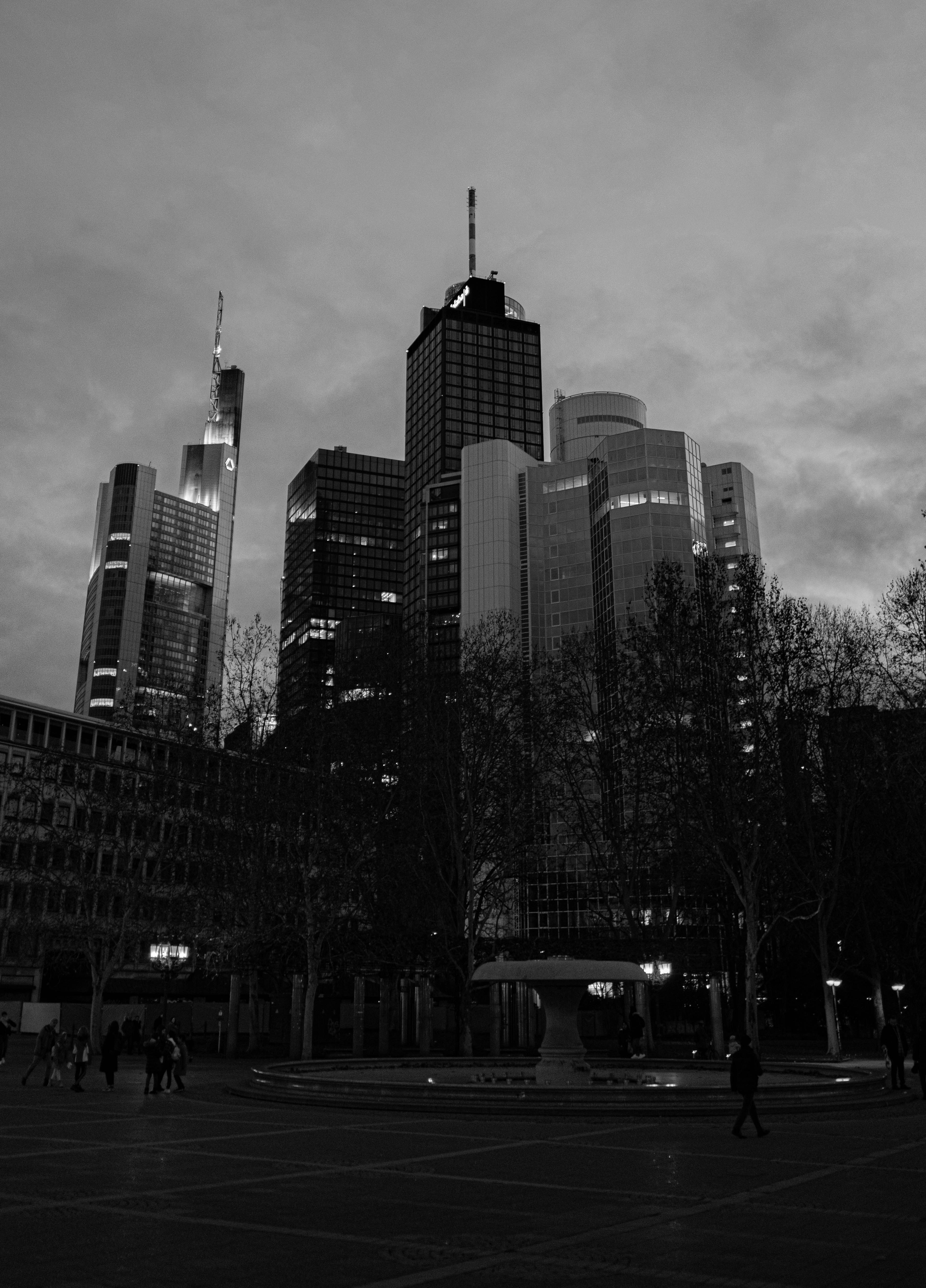 Monochrome Nightfall Over the City Core: Towers, Trees, and a Circular Fountain