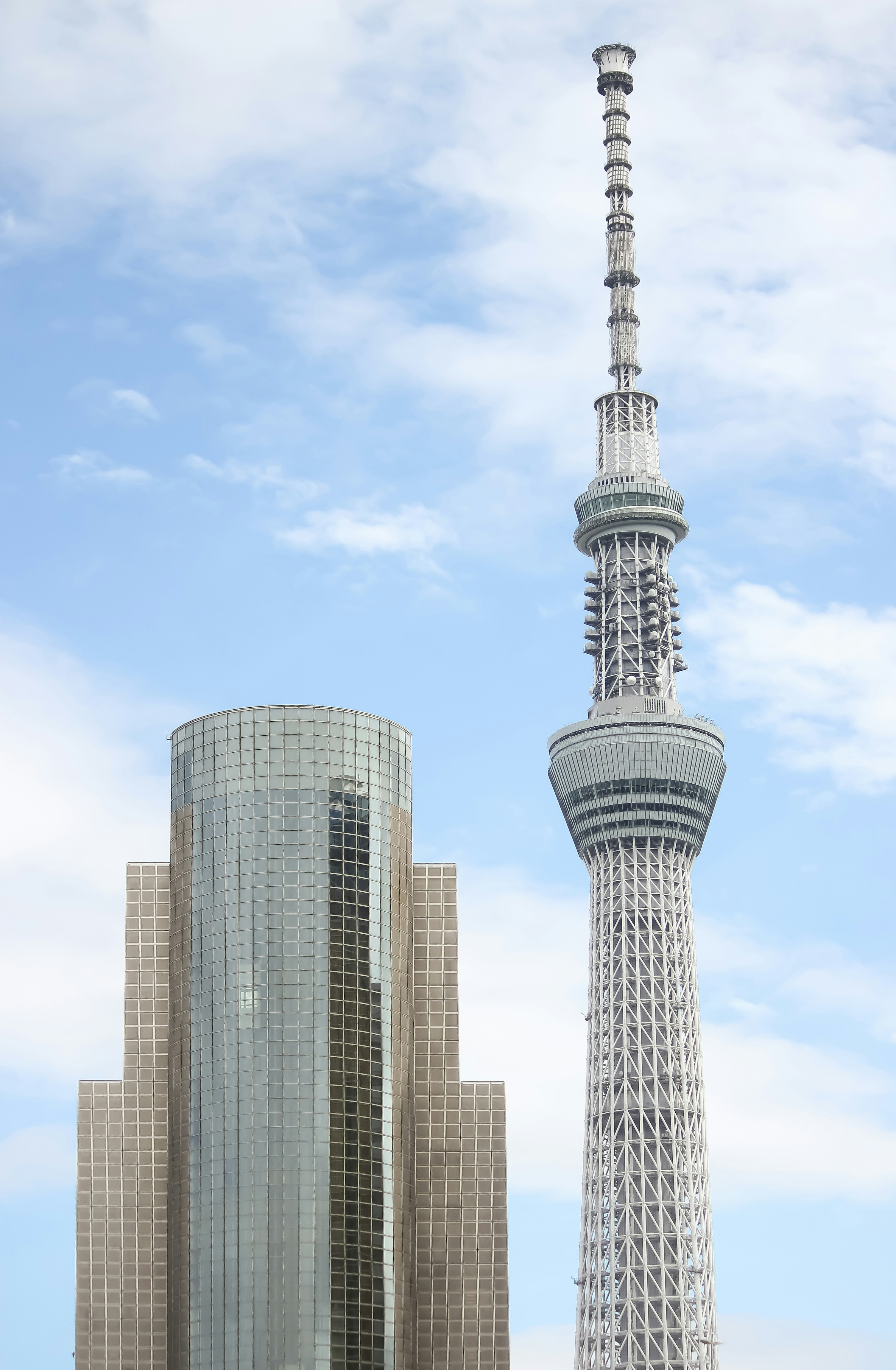 A sleek skyscraper stands beside the towering Tokyo Skytree against a backdrop of soft clouds. The juxtaposition highlights contemporary architectural design.