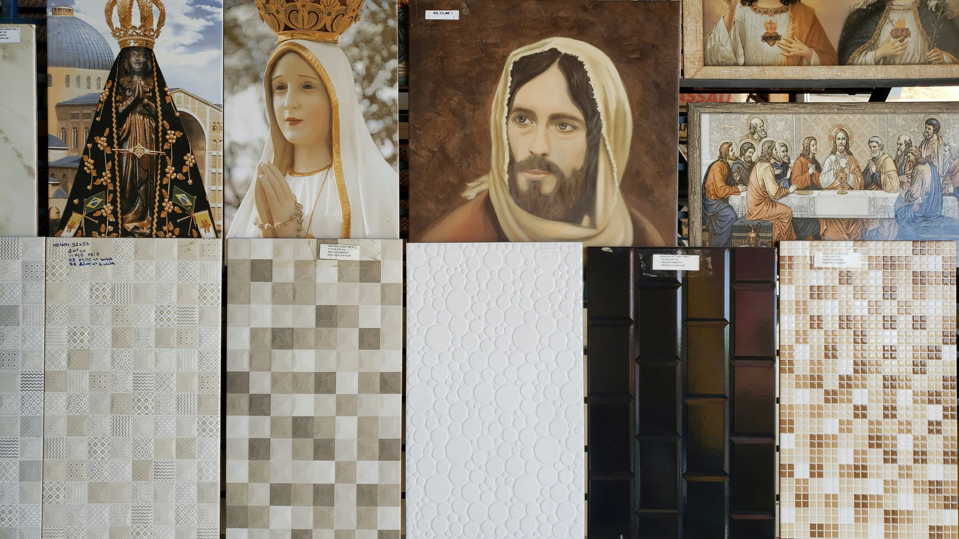 Iconic Faces and Tile Textures: A Wall of Sacred Portraits and Geometric Palettes
