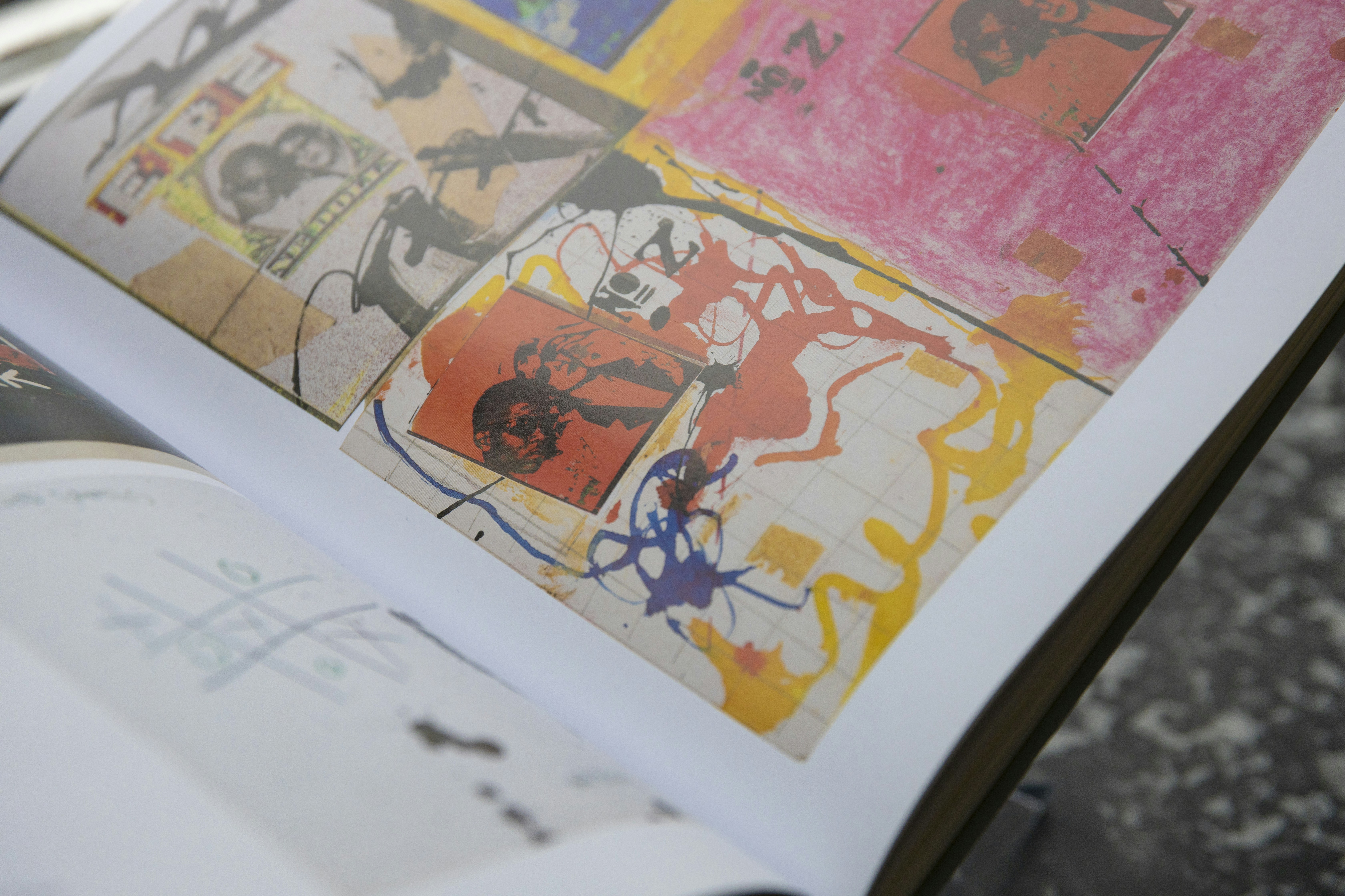 Vibrant mixed media artwork featuring bold colors and abstract forms in a sketchbook layout.