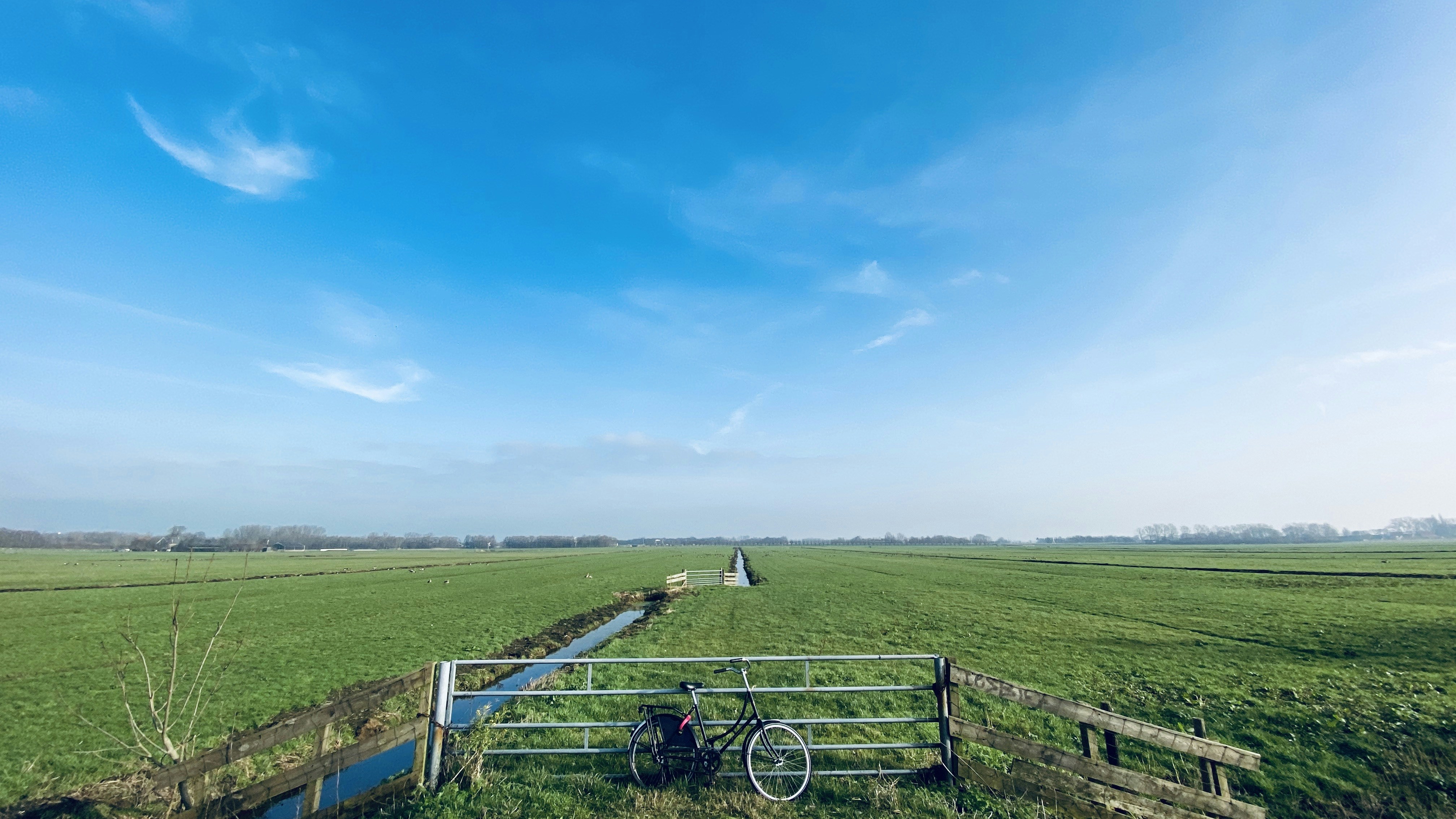 Gate by the Quiet Canal: A Dutch Flatland Scene with a Resting Bicycle