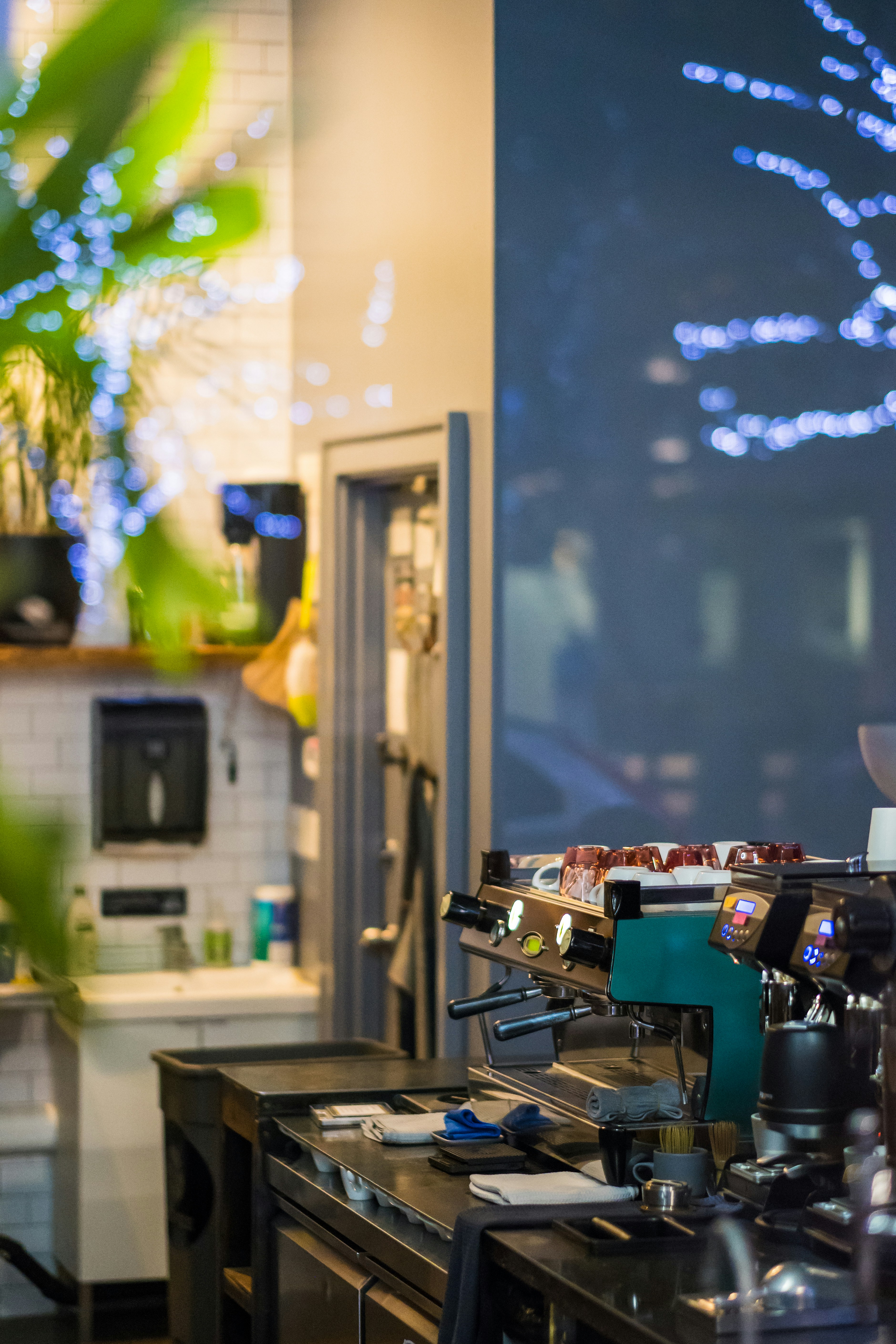 Barista station with espresso machines and coffee accessories, illuminated by soft ambient lighting. A hint of greenery adds warmth to the scene.