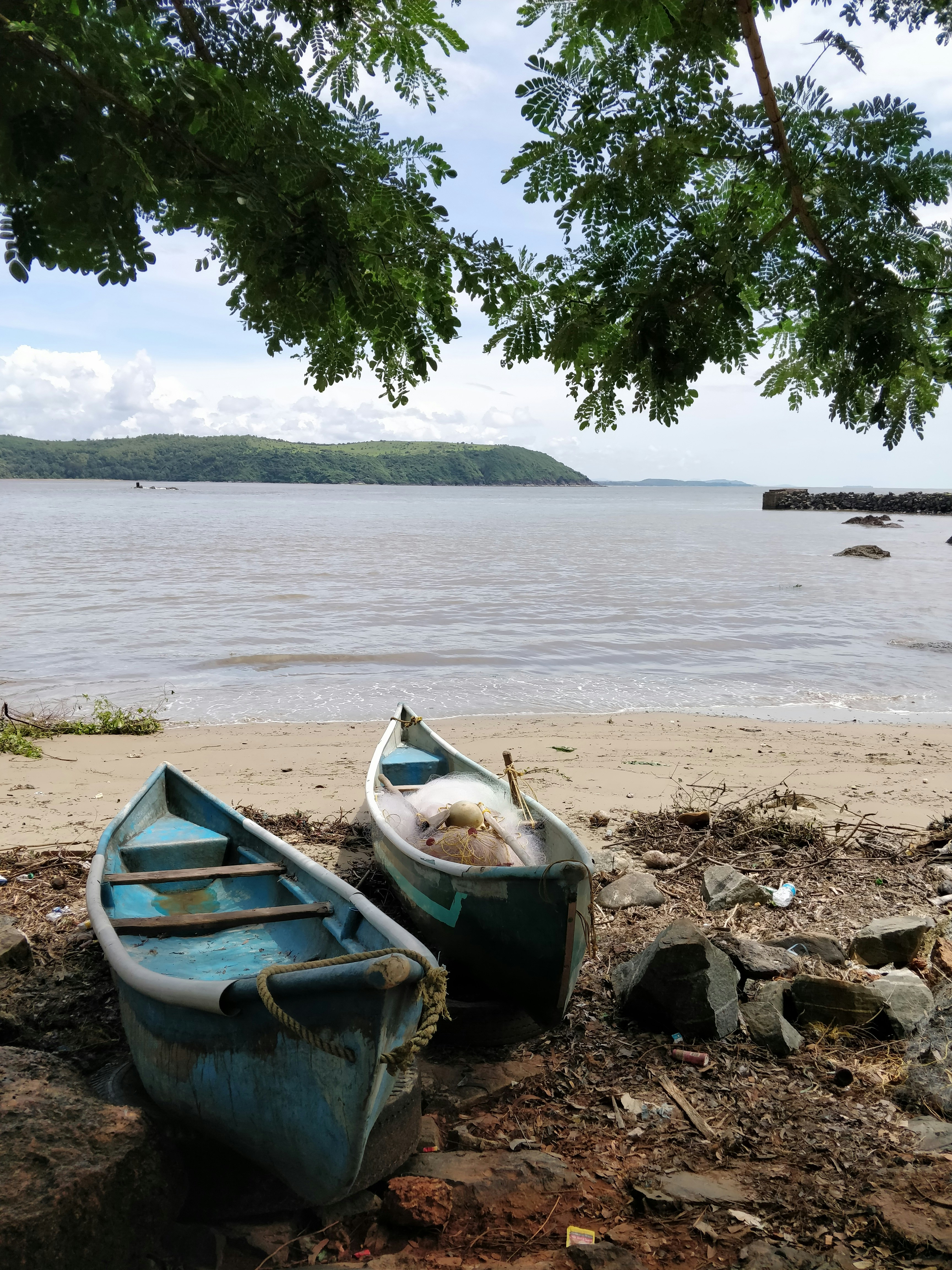 Two weathered blue boats rest on a sandy beach under leafy branches, with calm waters and distant hills in the background.