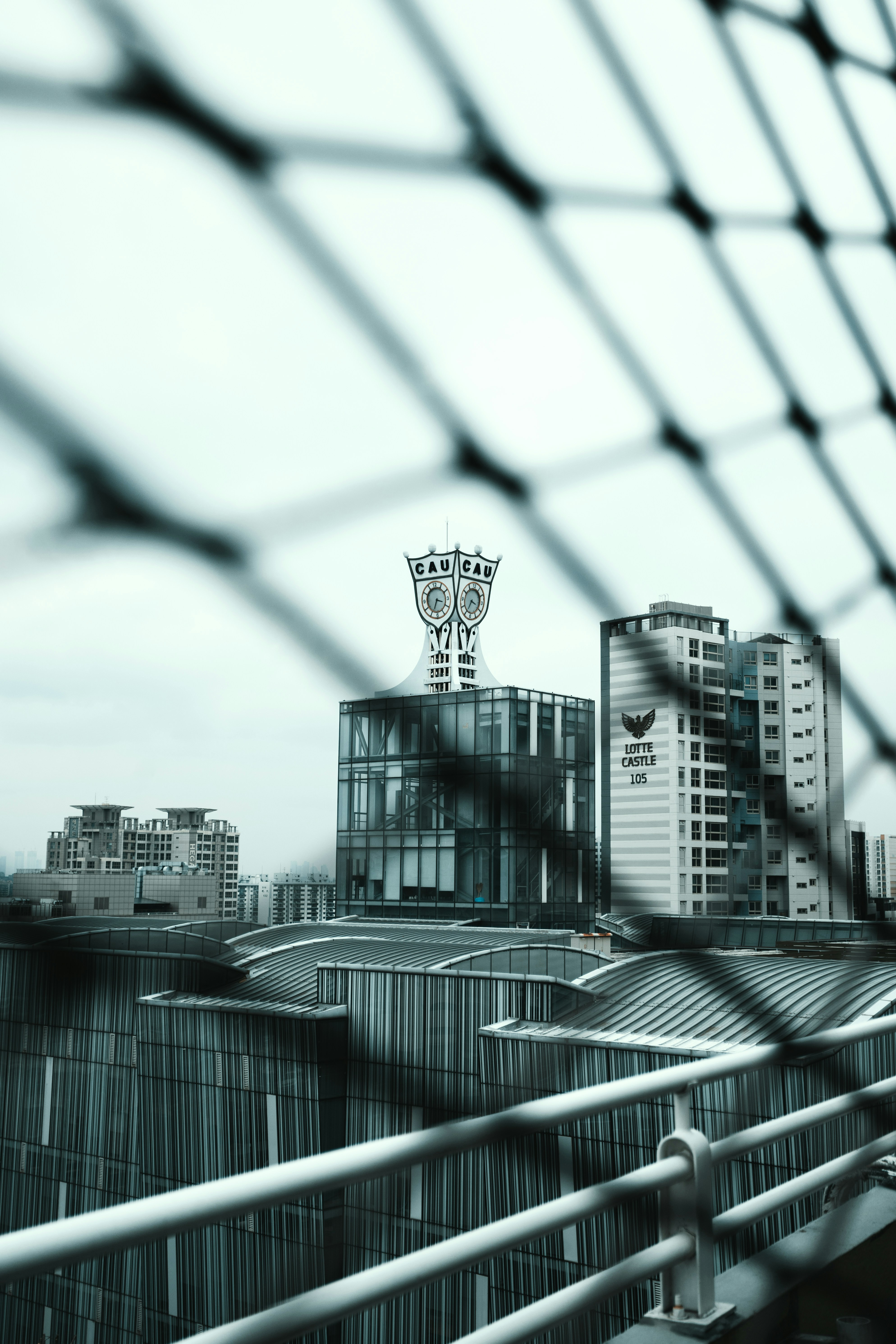 Rooftop Silence: City Towers Framed by Diamond Mesh