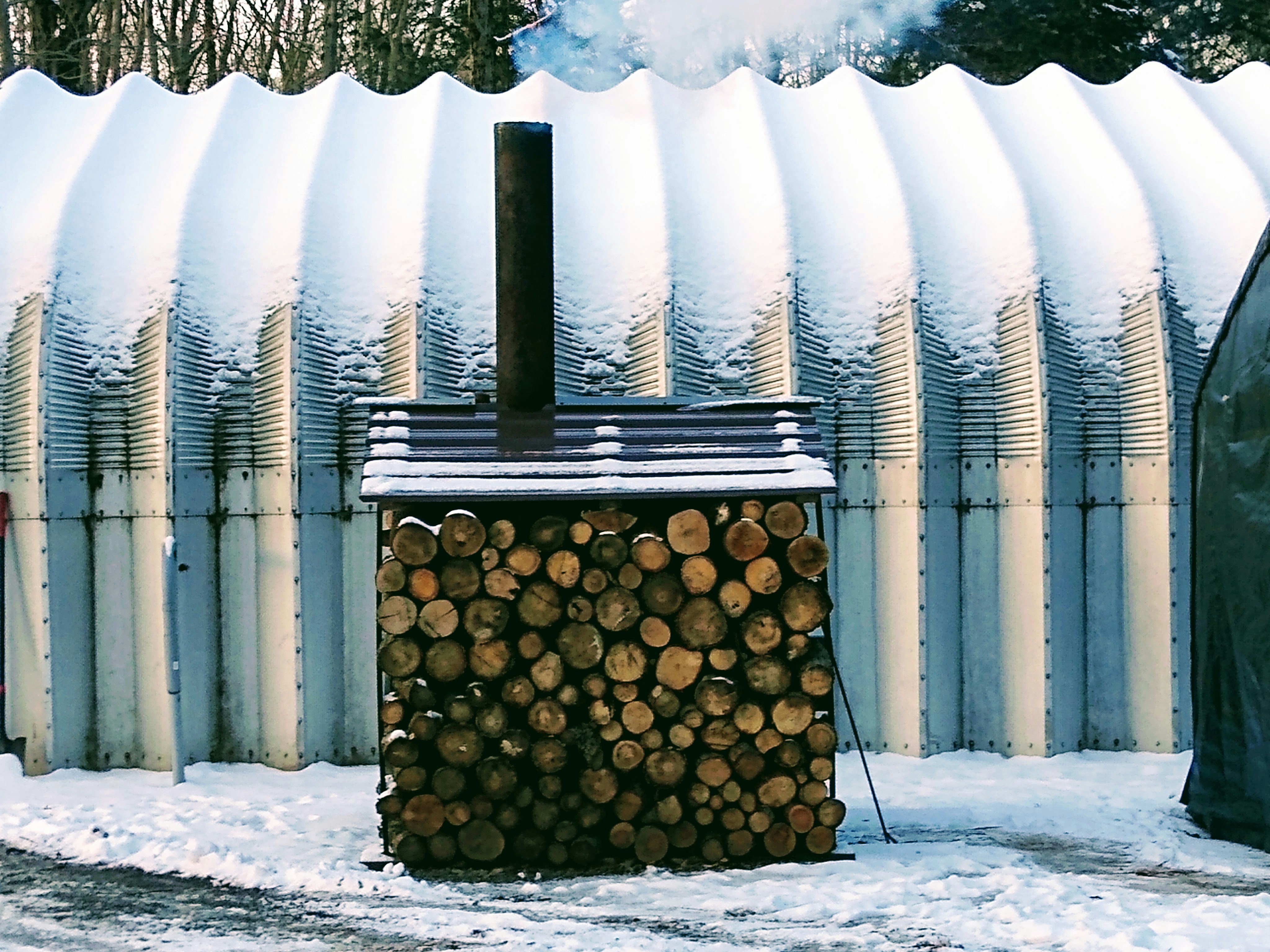 A rustic woodpile stands in the snow, with smoke rising from a chimney, set against a backdrop of a wavy, snow-covered structure.