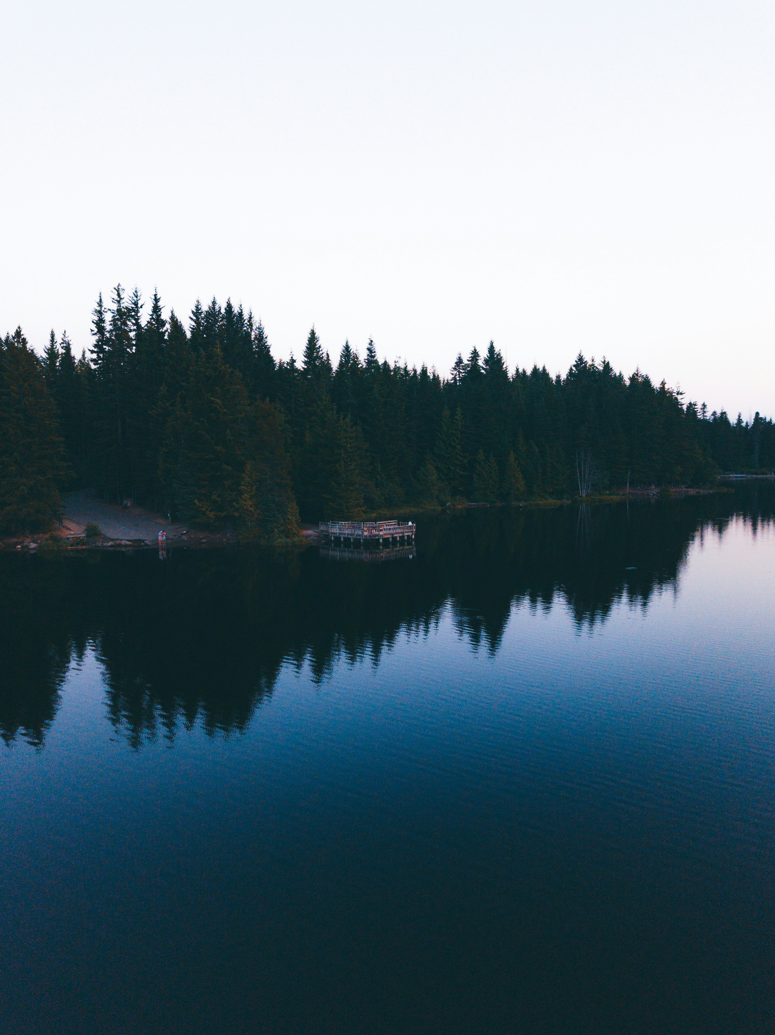 Reflection lake. | green trees beside lake under gray sky