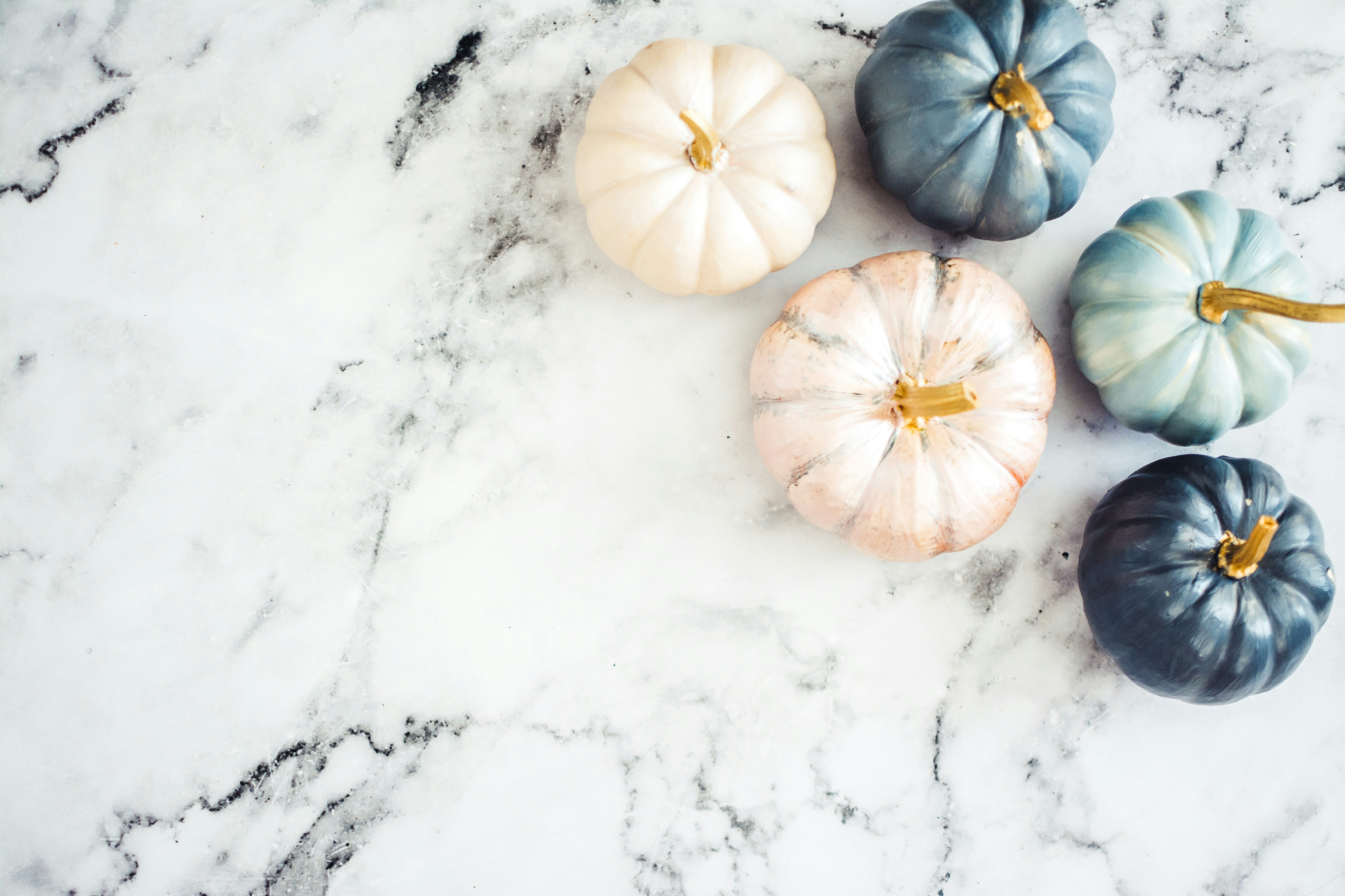 Painted Pumpkins on marble, Fall, Autumn