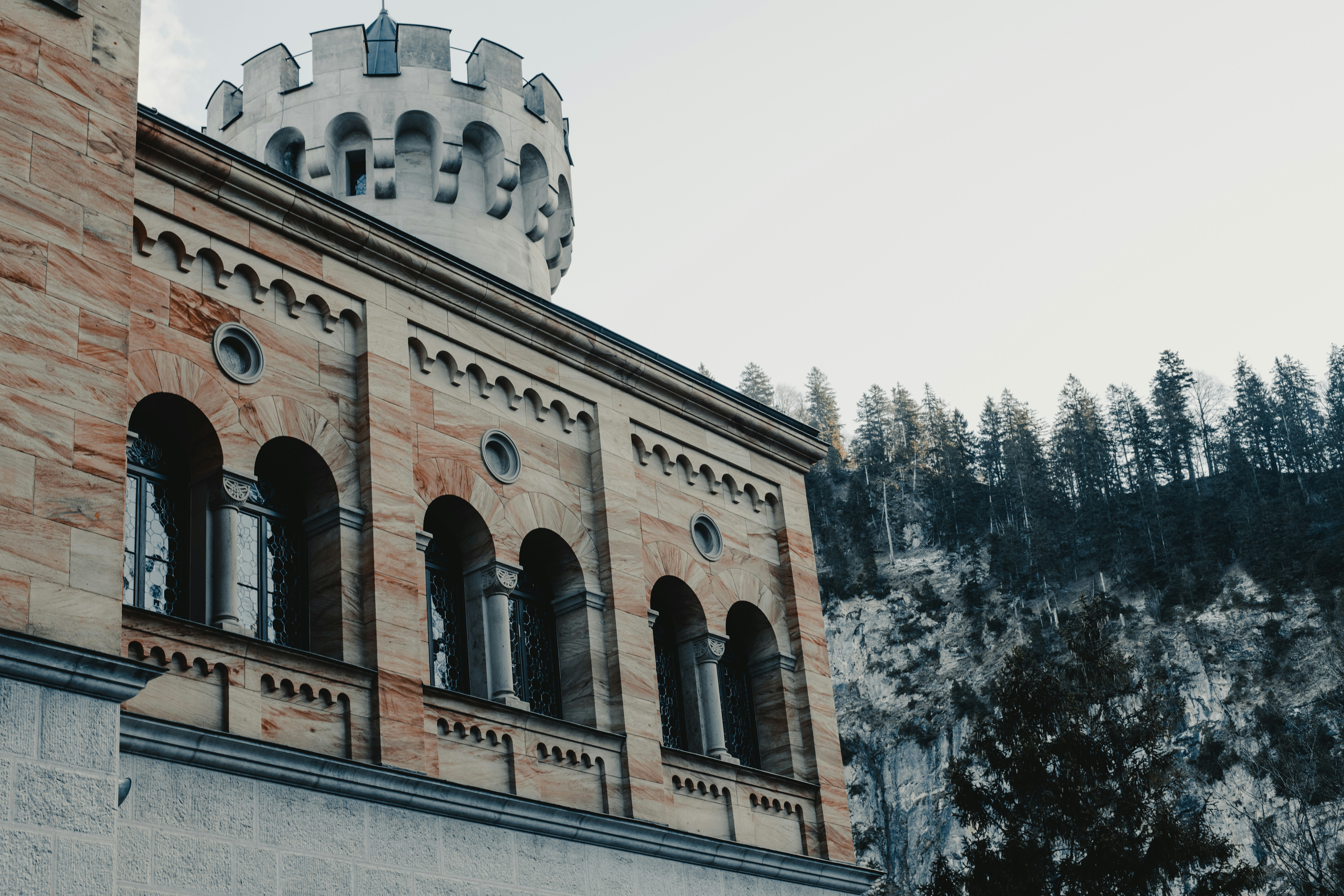Castle Corner: A Weathered Facade Against a Snowy Pines Backdrop