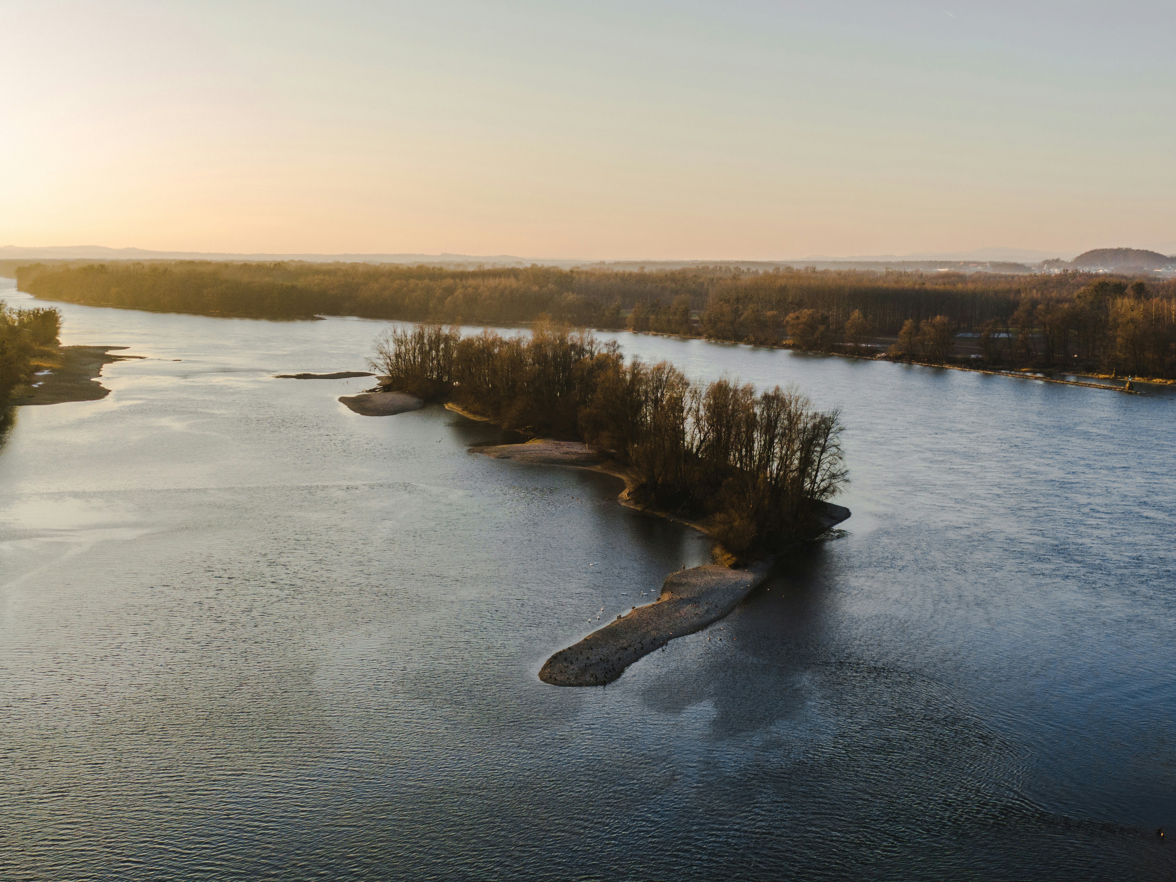 A tranquil river scene featuring a small island surrounded by calm waters and trees lining the banks during golden hour.
