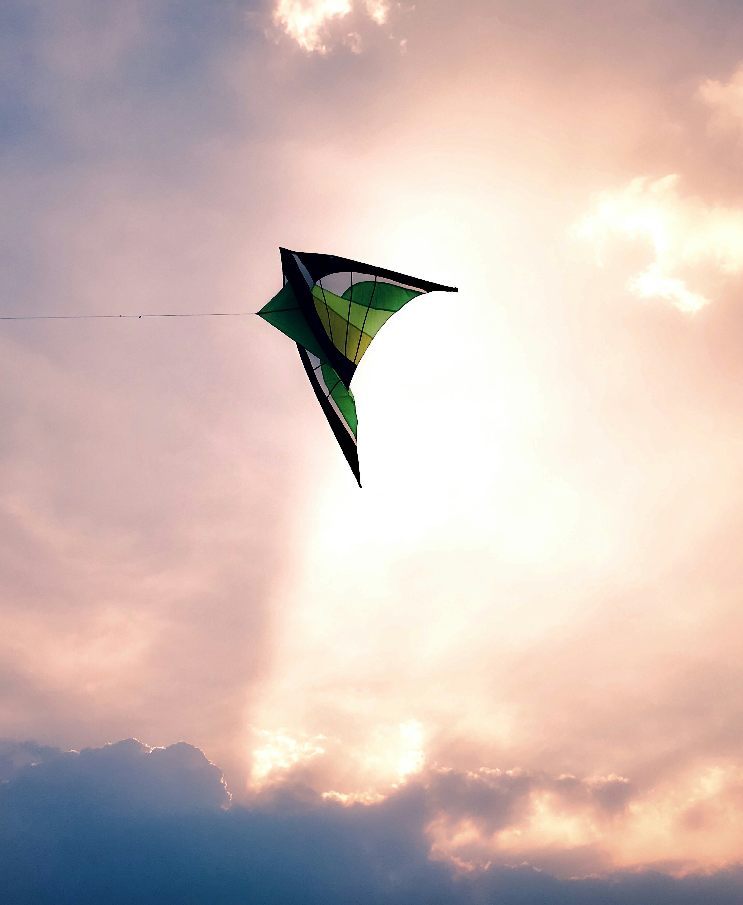 A vibrant green and black kite soars against a backdrop of pastel clouds during sunset.