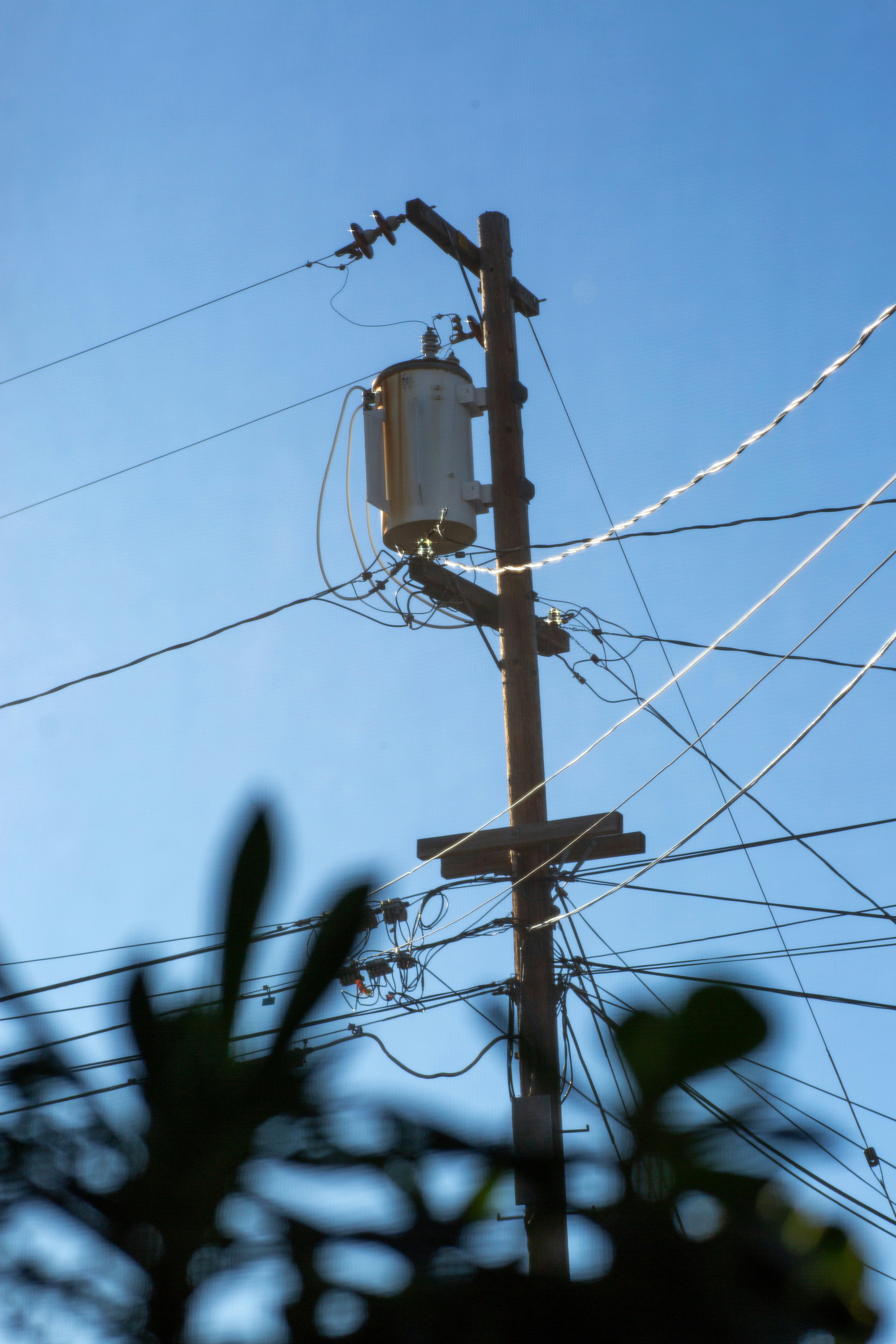 A power pole adorned with a transformer and tangled wires against a clear blue sky, showcasing the infrastructure of urban electricity distribution.
