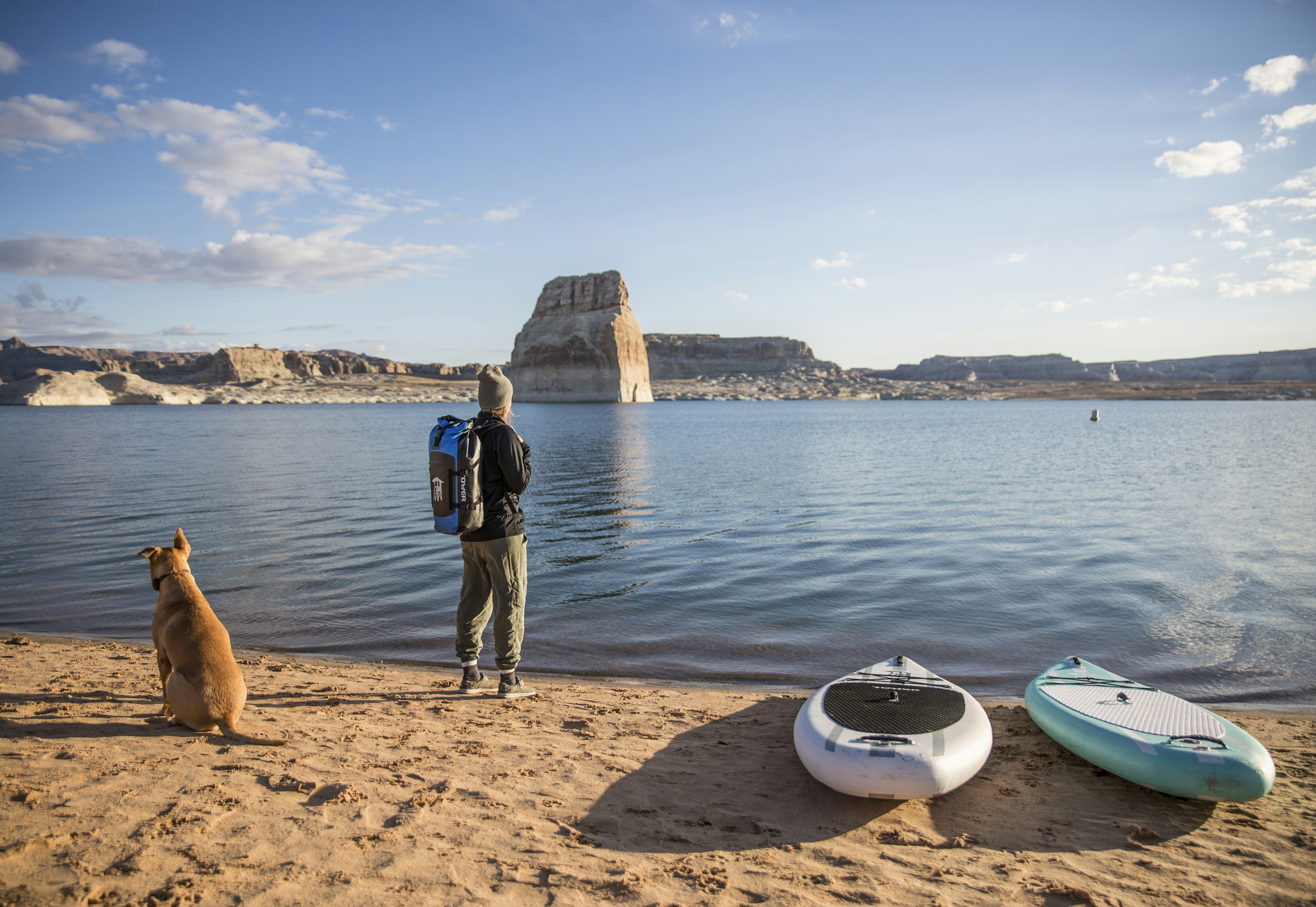 A man, his dog, and two Tower Paddle Boards overlooking a lake. 