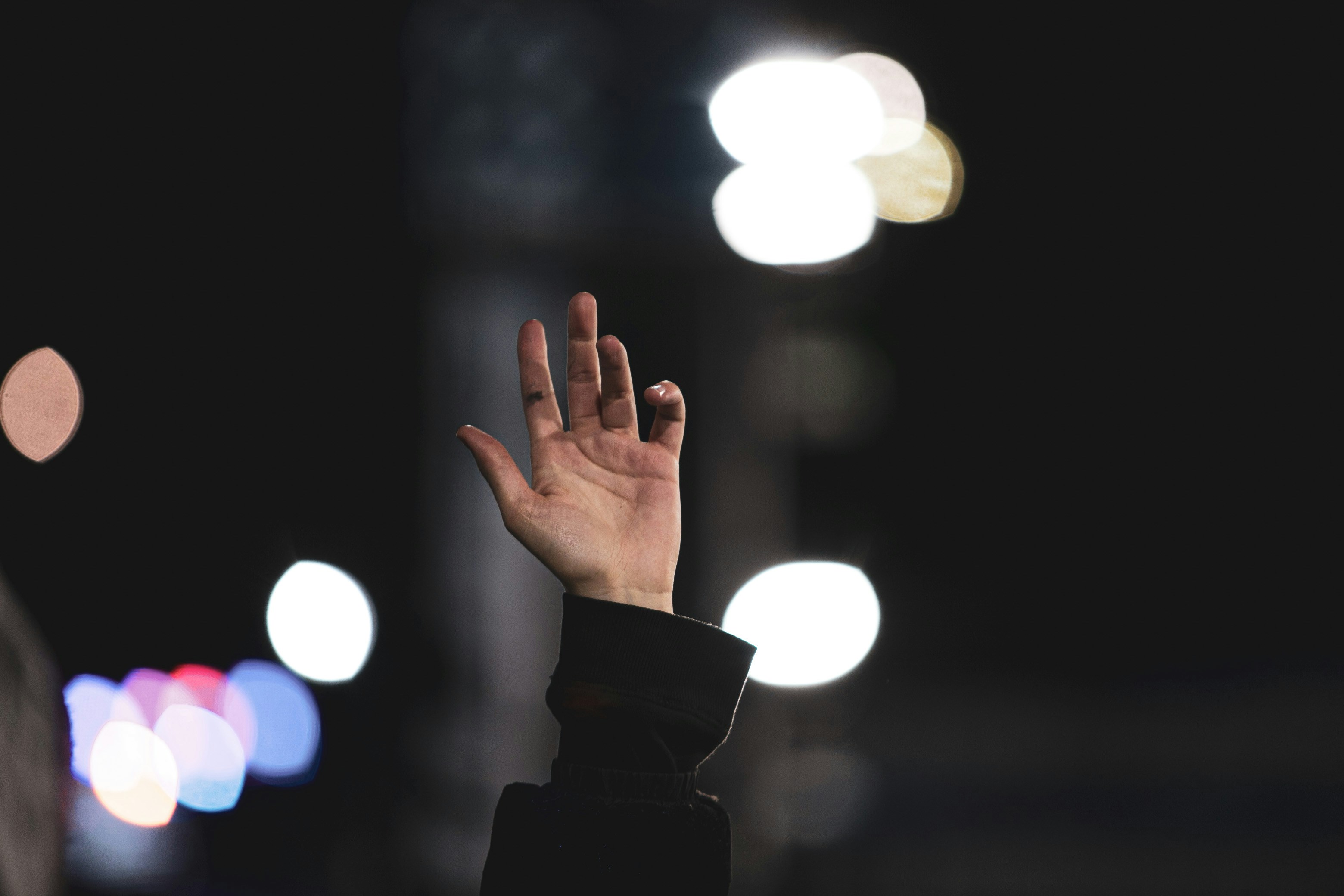 Person in black long sleeve shirt raising right hand photo – Free ...