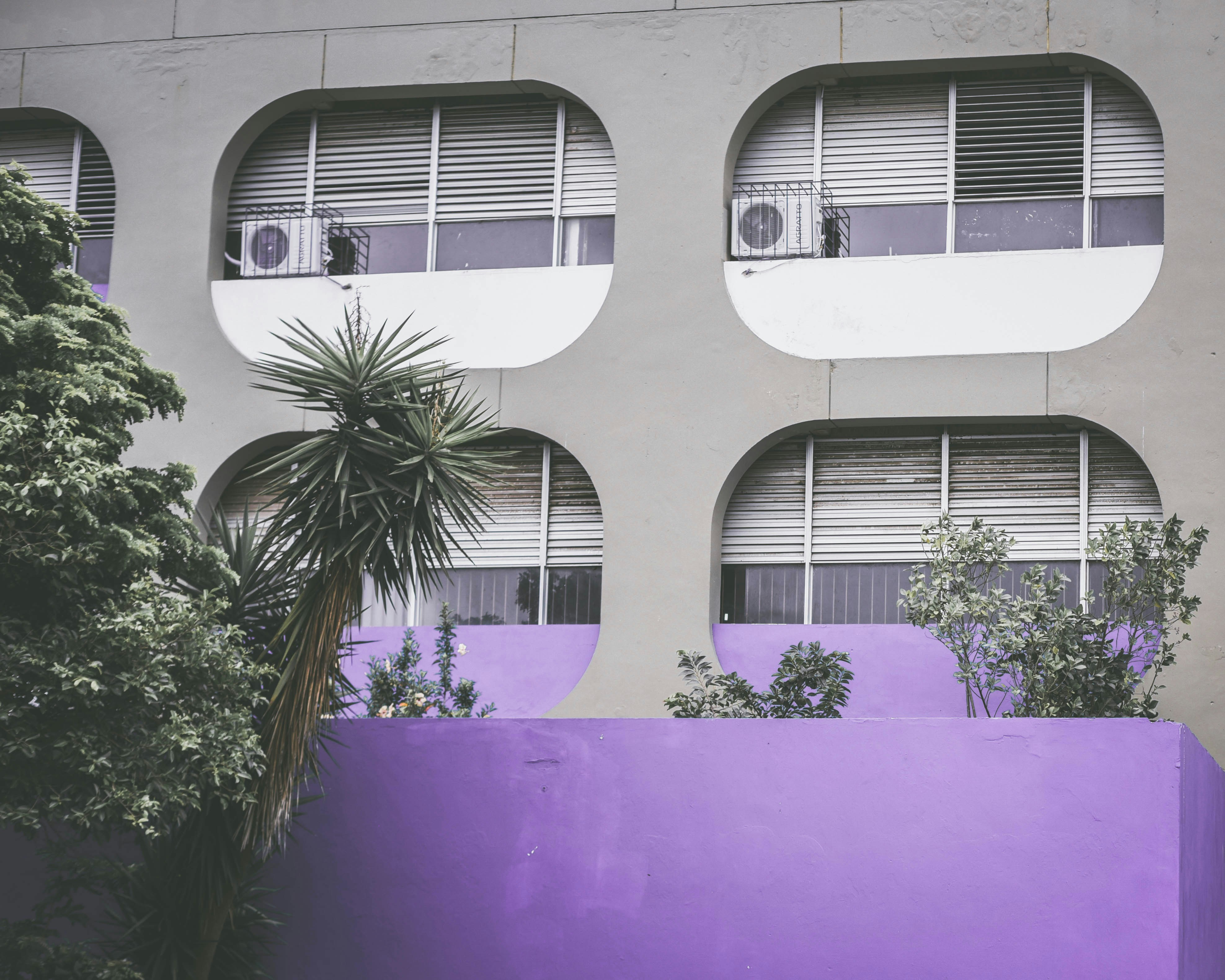 Lavender-tinged Facade: A Retro Deserted Scene with Purple Wall
