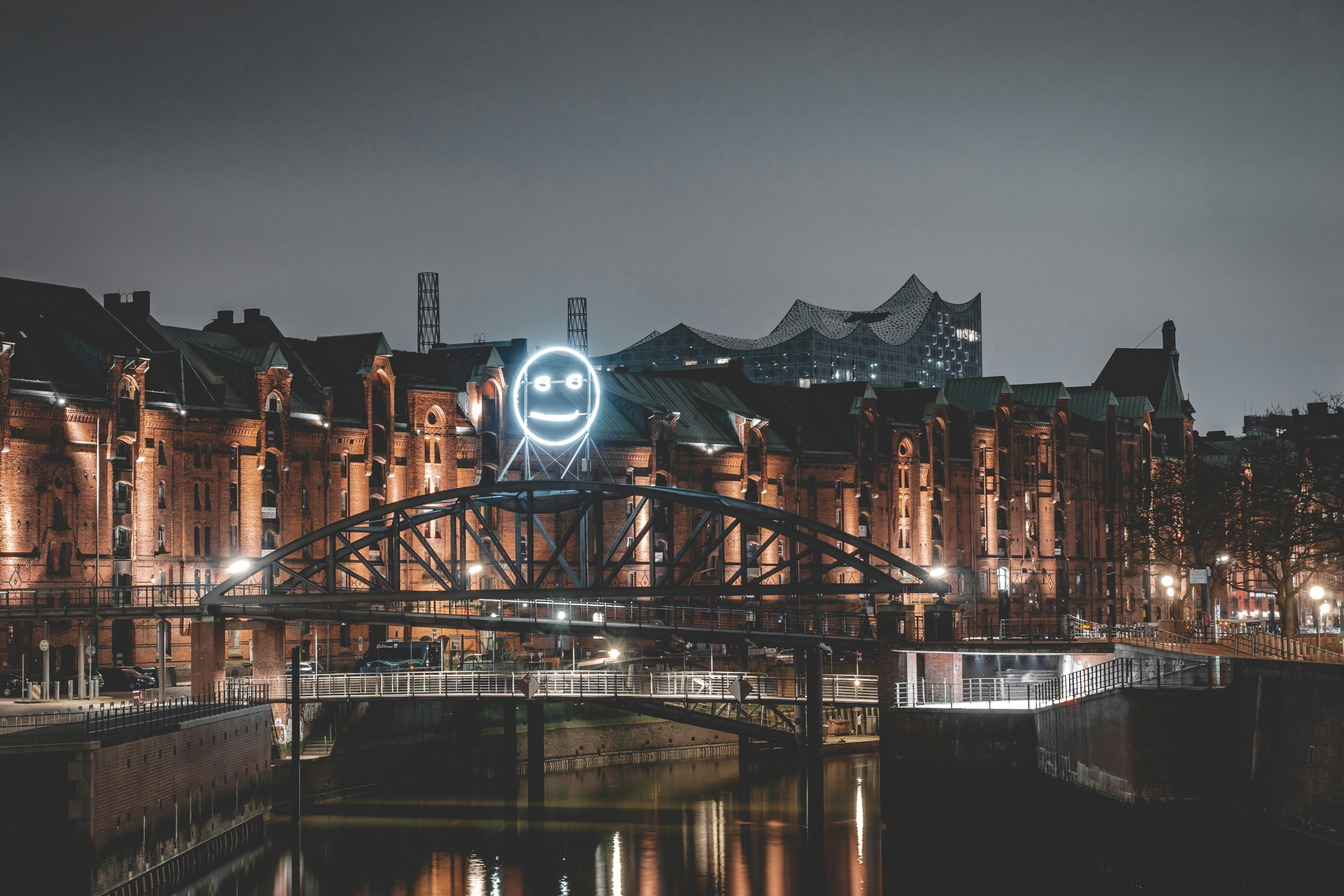 Neon Smirk on the Iron Bridge: Night Over a Brick Skyline