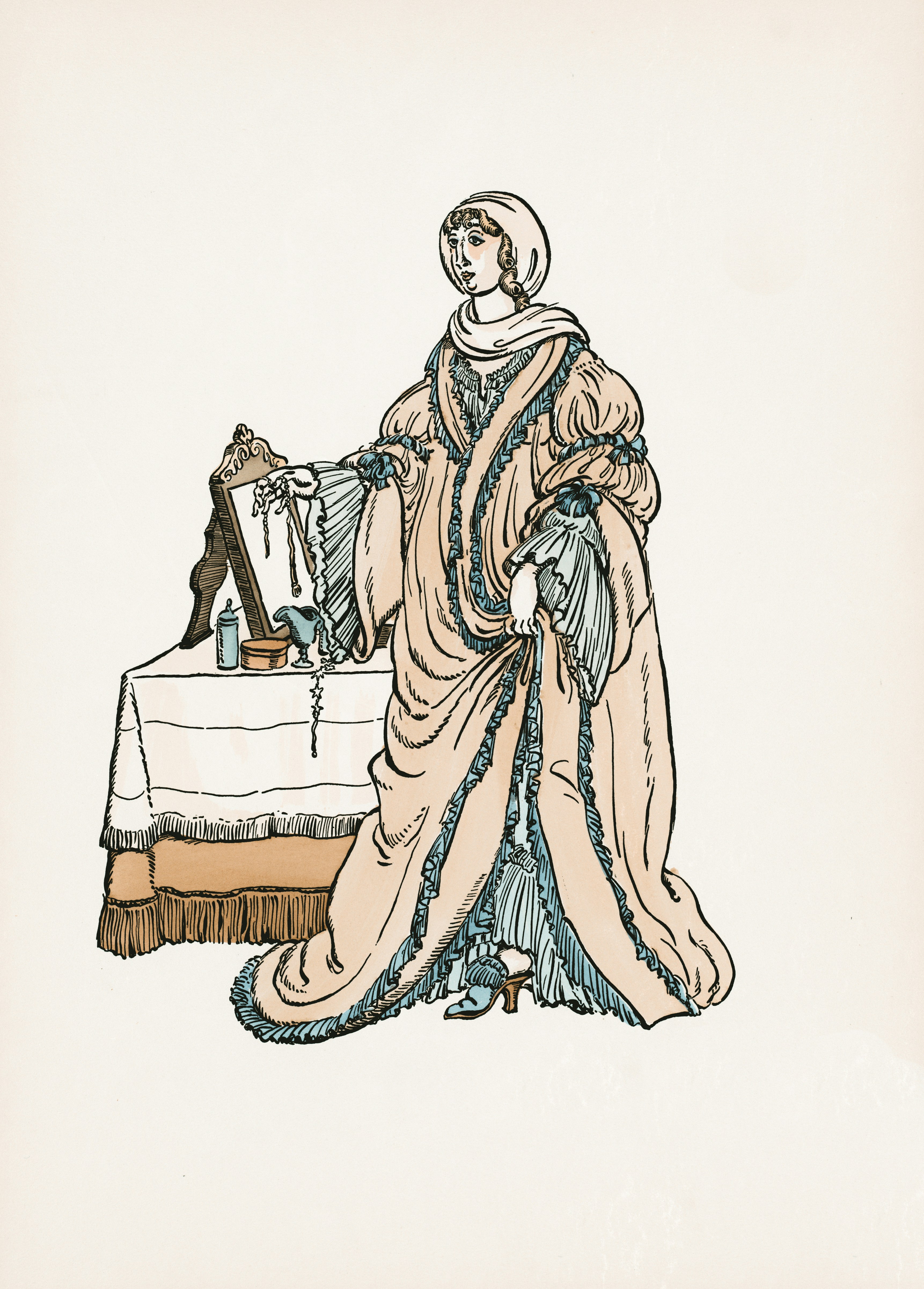 A woman in a lavish gown stands beside a table adorned with a mirror and beauty items, exuding grace and sophistication.