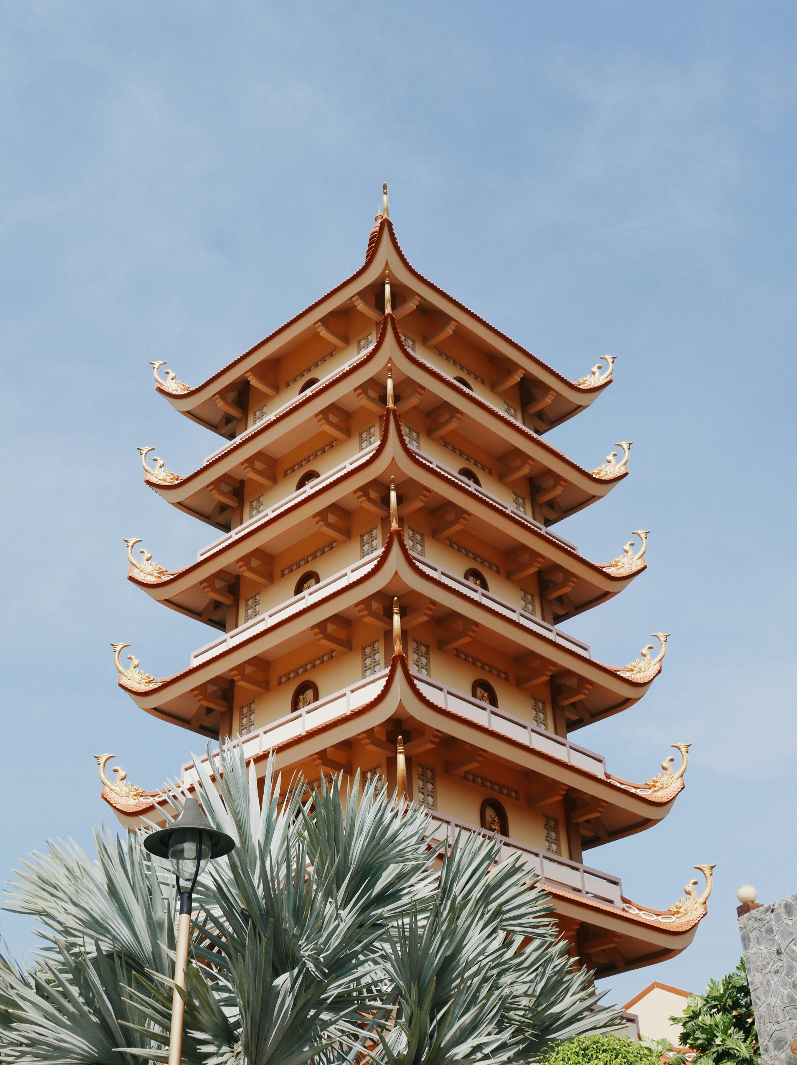 Five-Tier Lantern Pagoda Rising Above Palm Fronds
