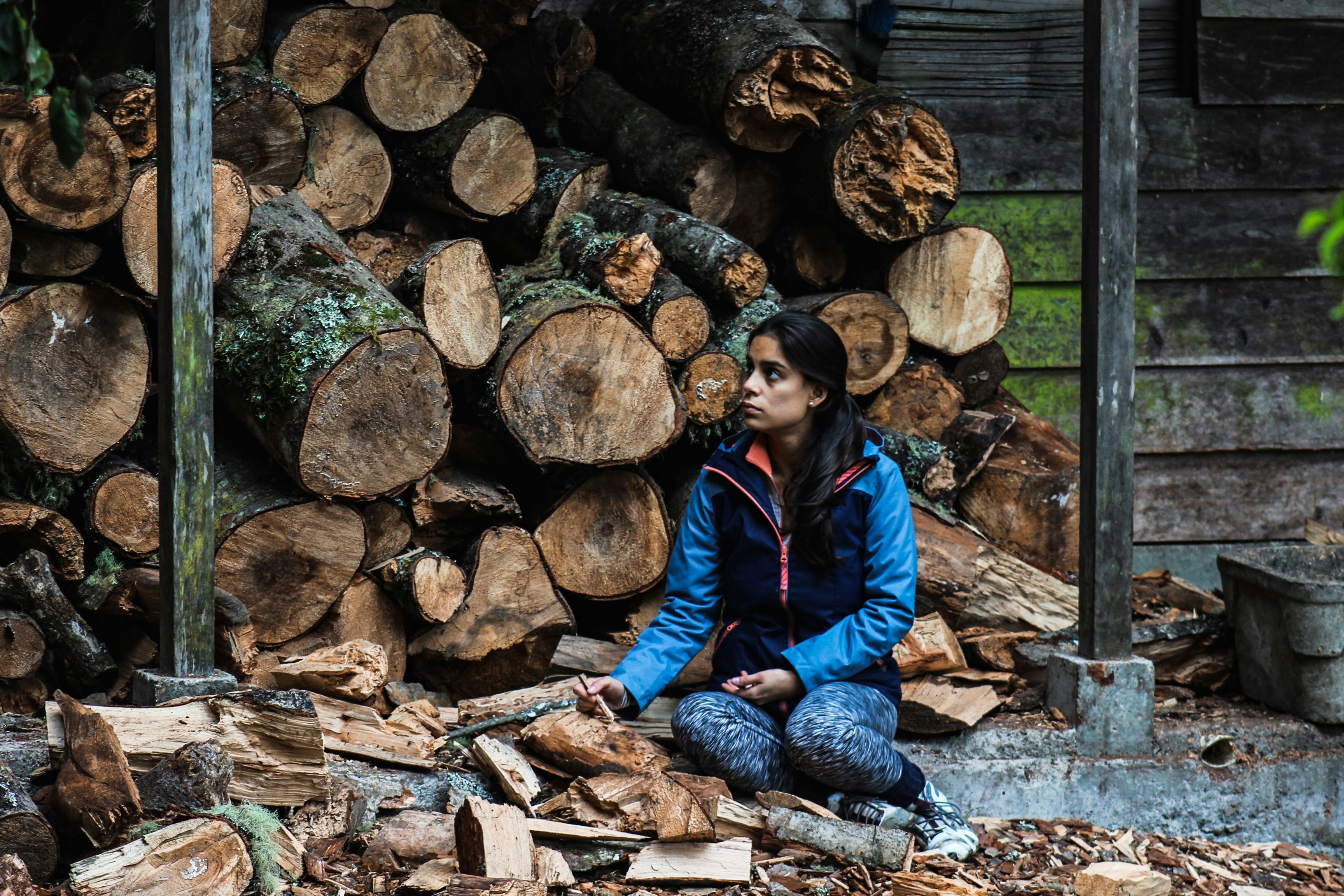 Blue Jacket Quiet Among Stacked Logs