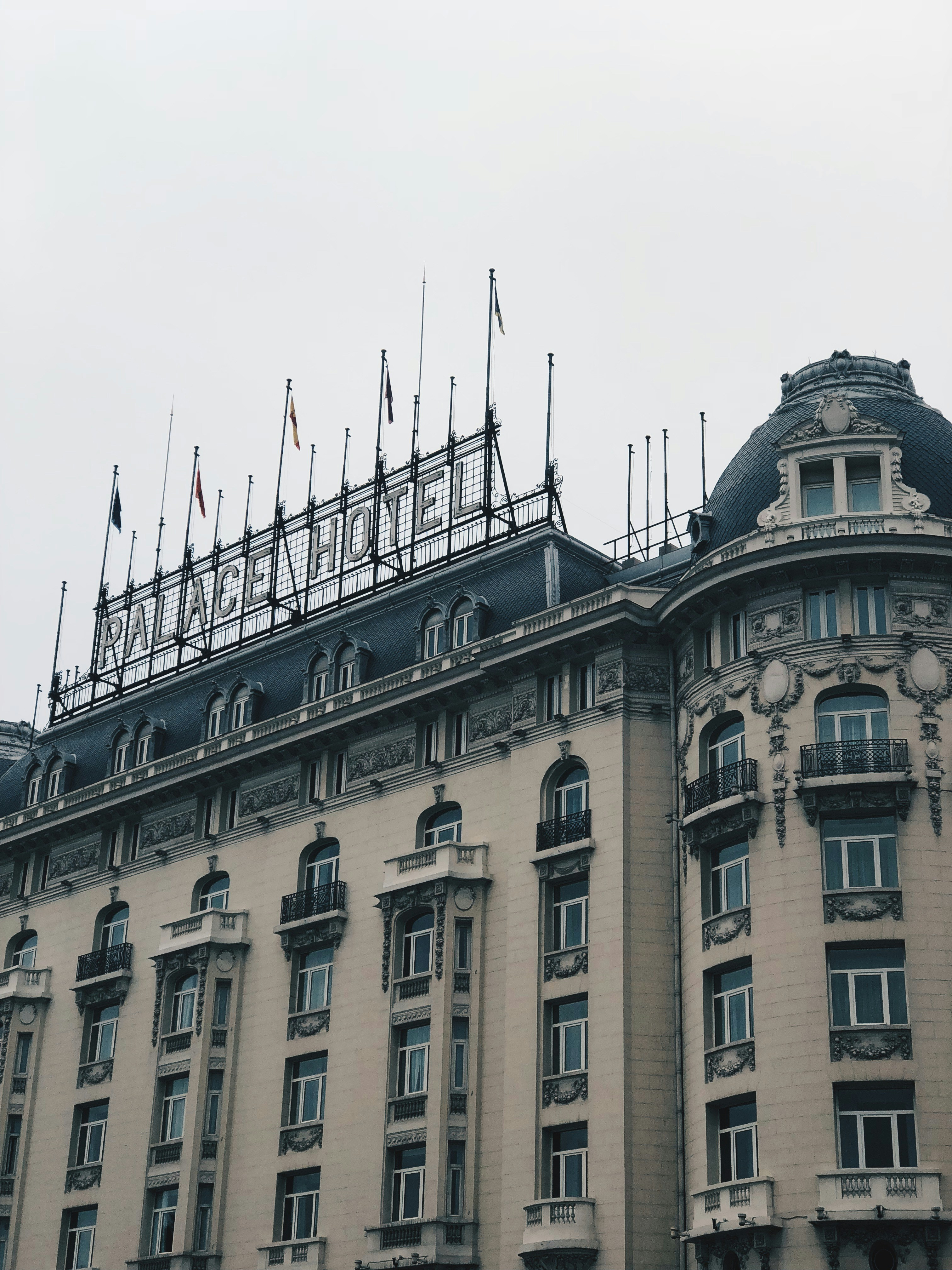 Ornate Silhouette: The Palace Hotel's Facade Reaching Toward a Pale Sky