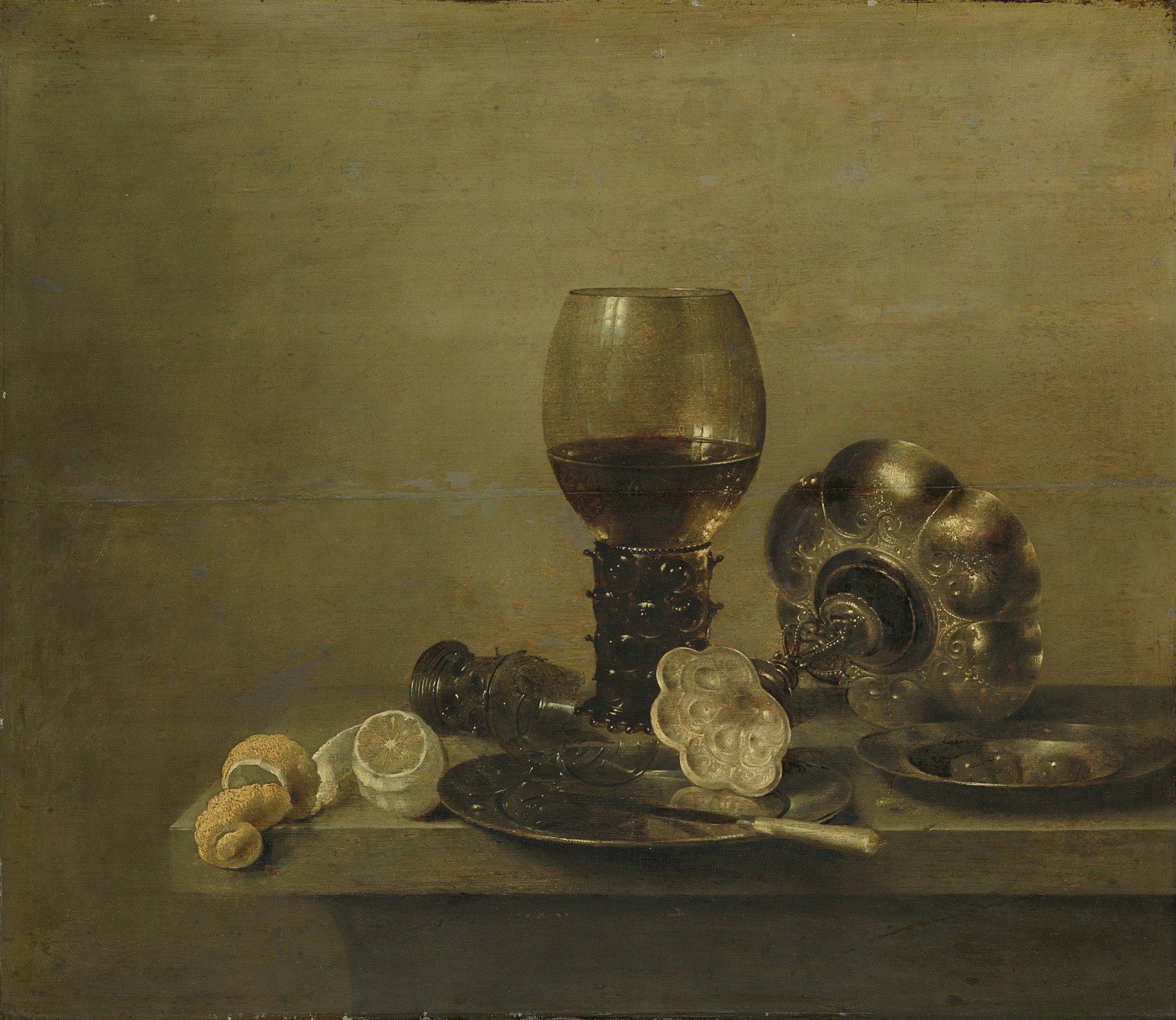 Title: Still life with broken glass
Date: 1642
Institution: Rijksmuseum.
Provider: Rijksmuseum.
Providing Country: Netherlands.
Public Domain | brass and silver trophy on brown wooden table