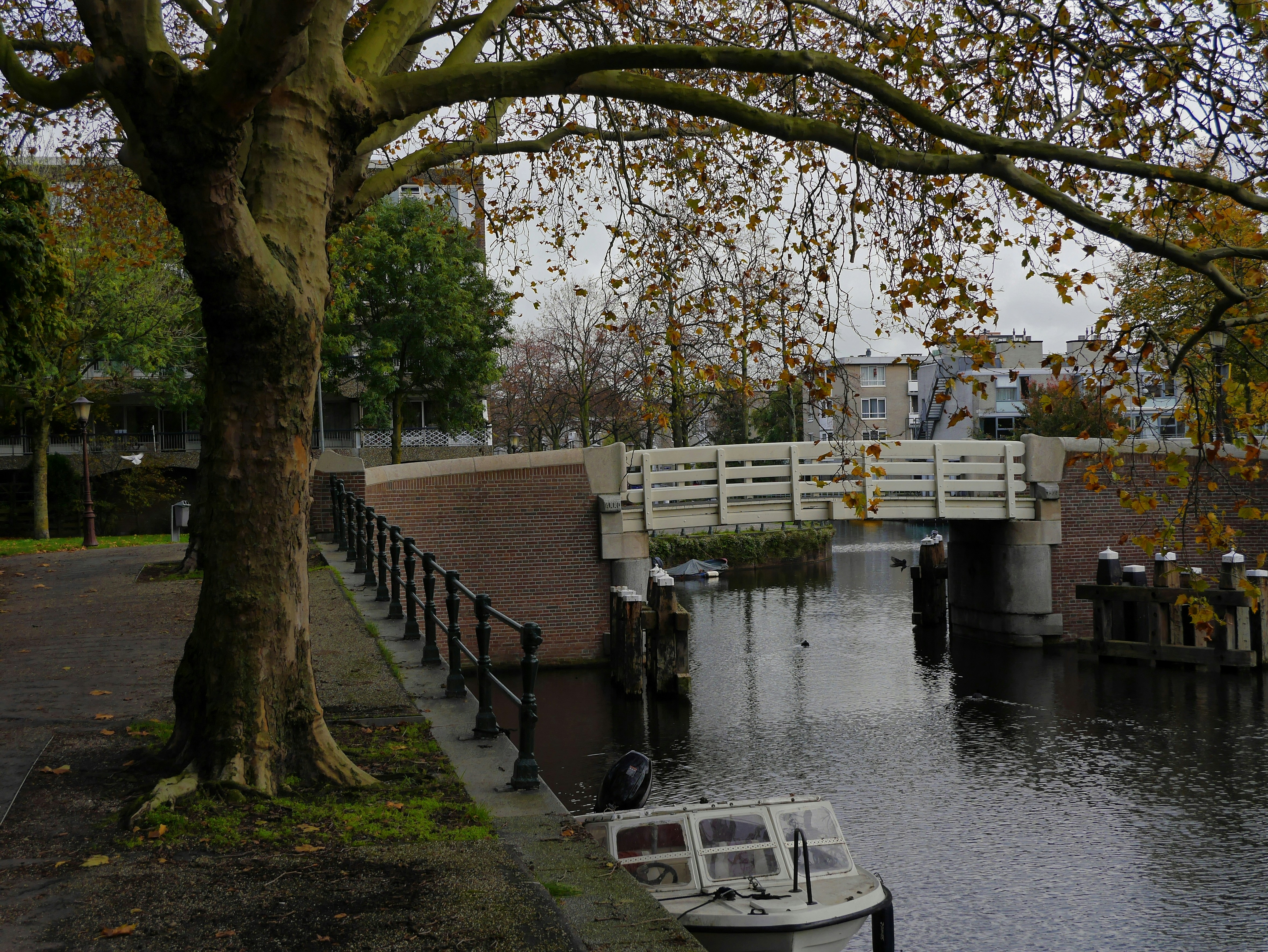 A serene canal scene featuring a bridge and a small boat, framed by autumn foliage and calm waters. The atmosphere evokes a sense of peaceful solitude.