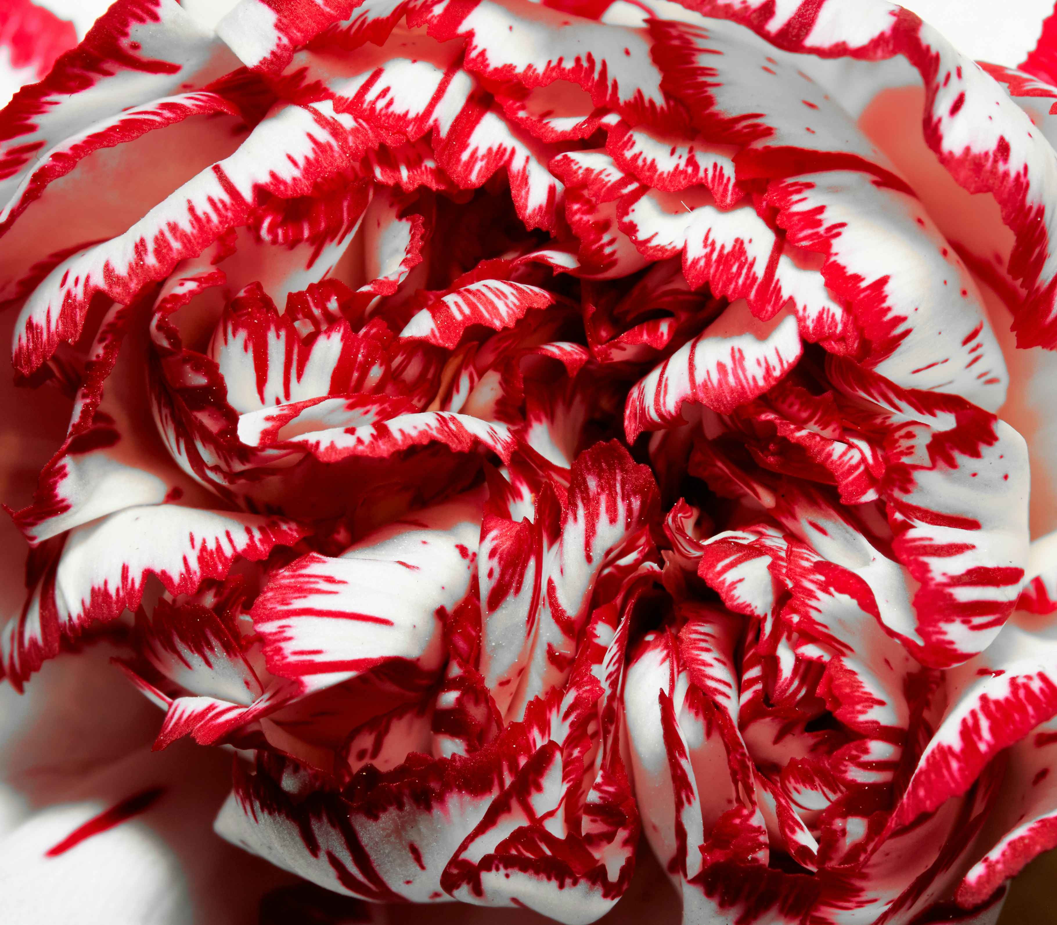 Crimson Petal Frenzy: A Macro Moment of Variegated Red-edged White Blooms