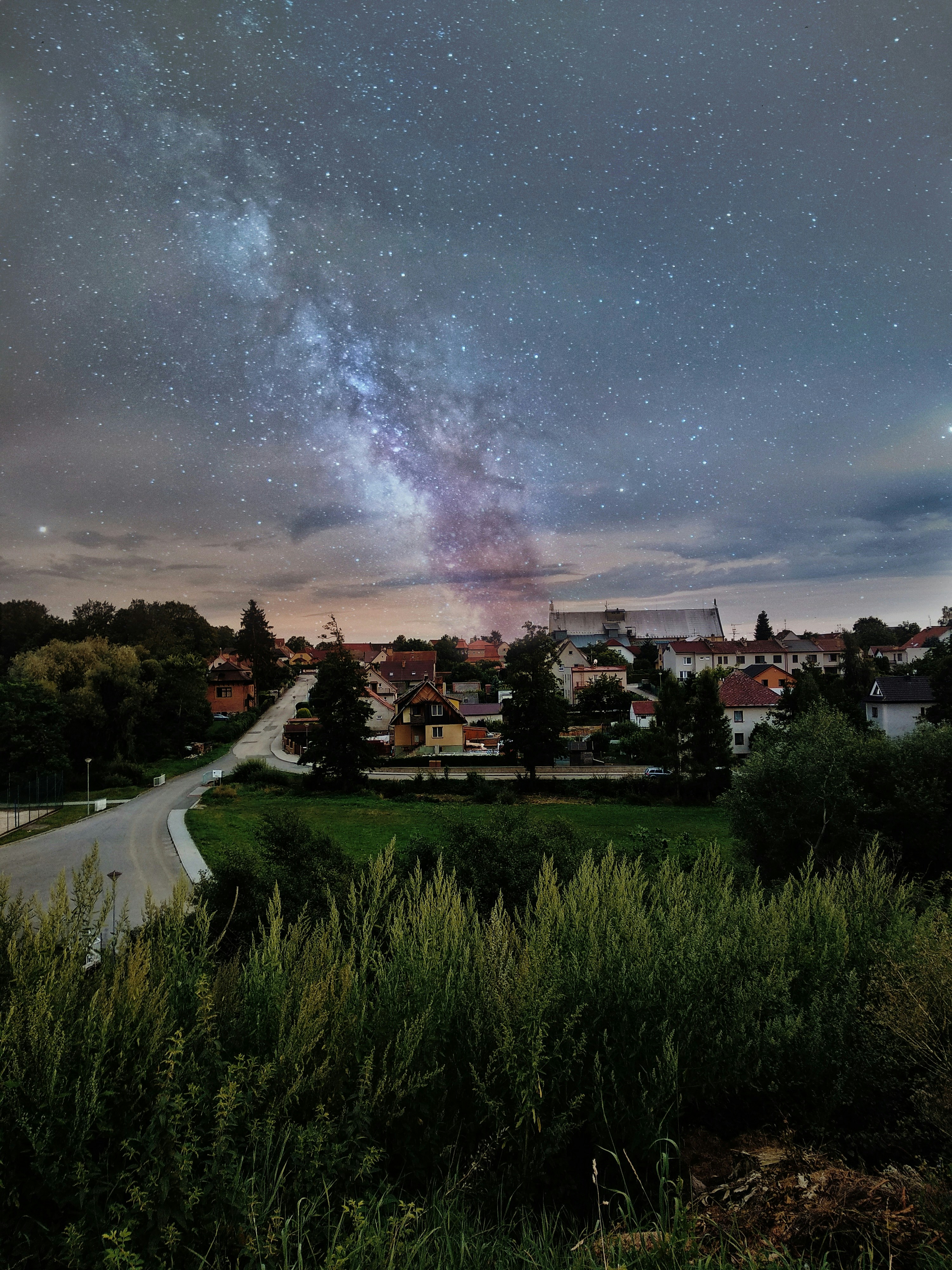 Milky Way illuminating a small village with lush greenery in the foreground.