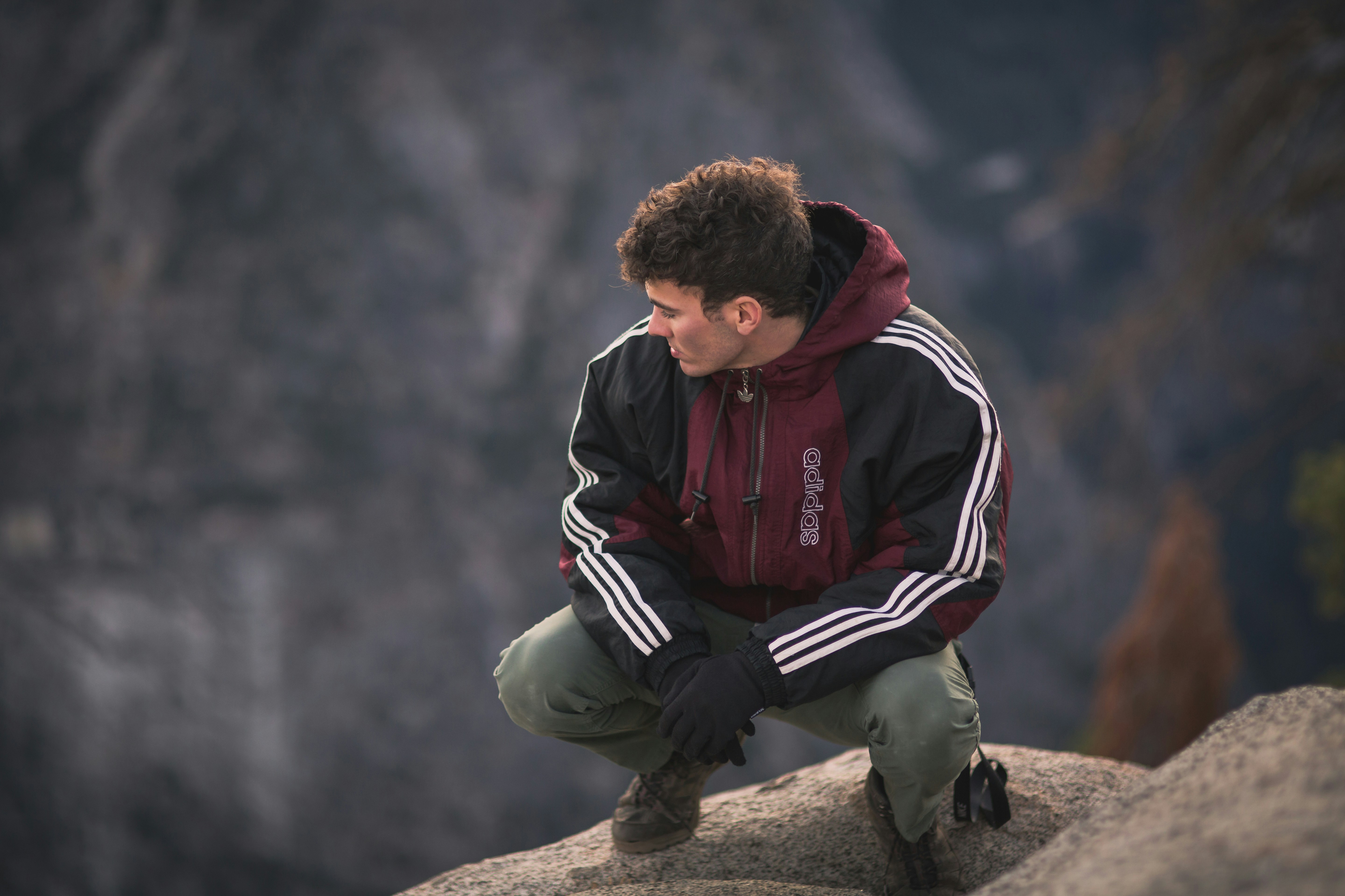 Looking down a cliff after an intense hike in the cold of yosemite valley