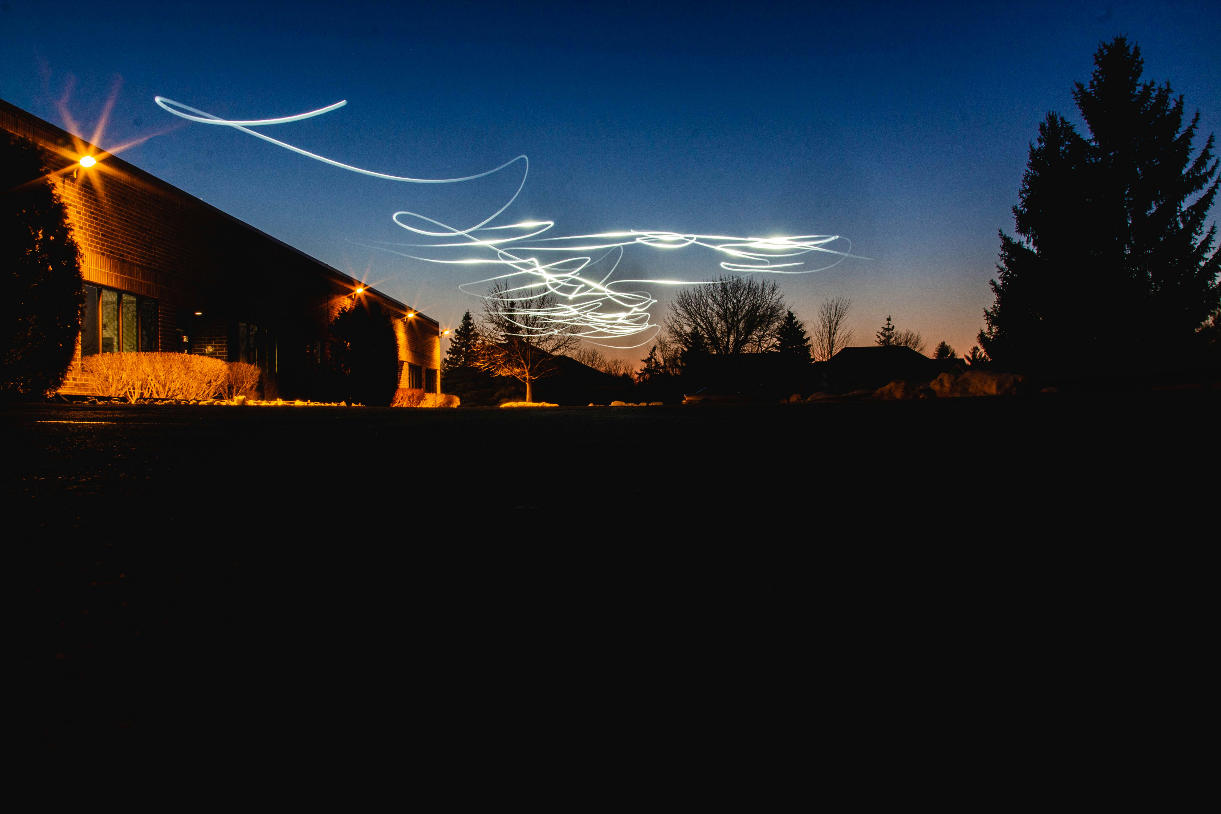silhouette of trees under blue sky with lightning