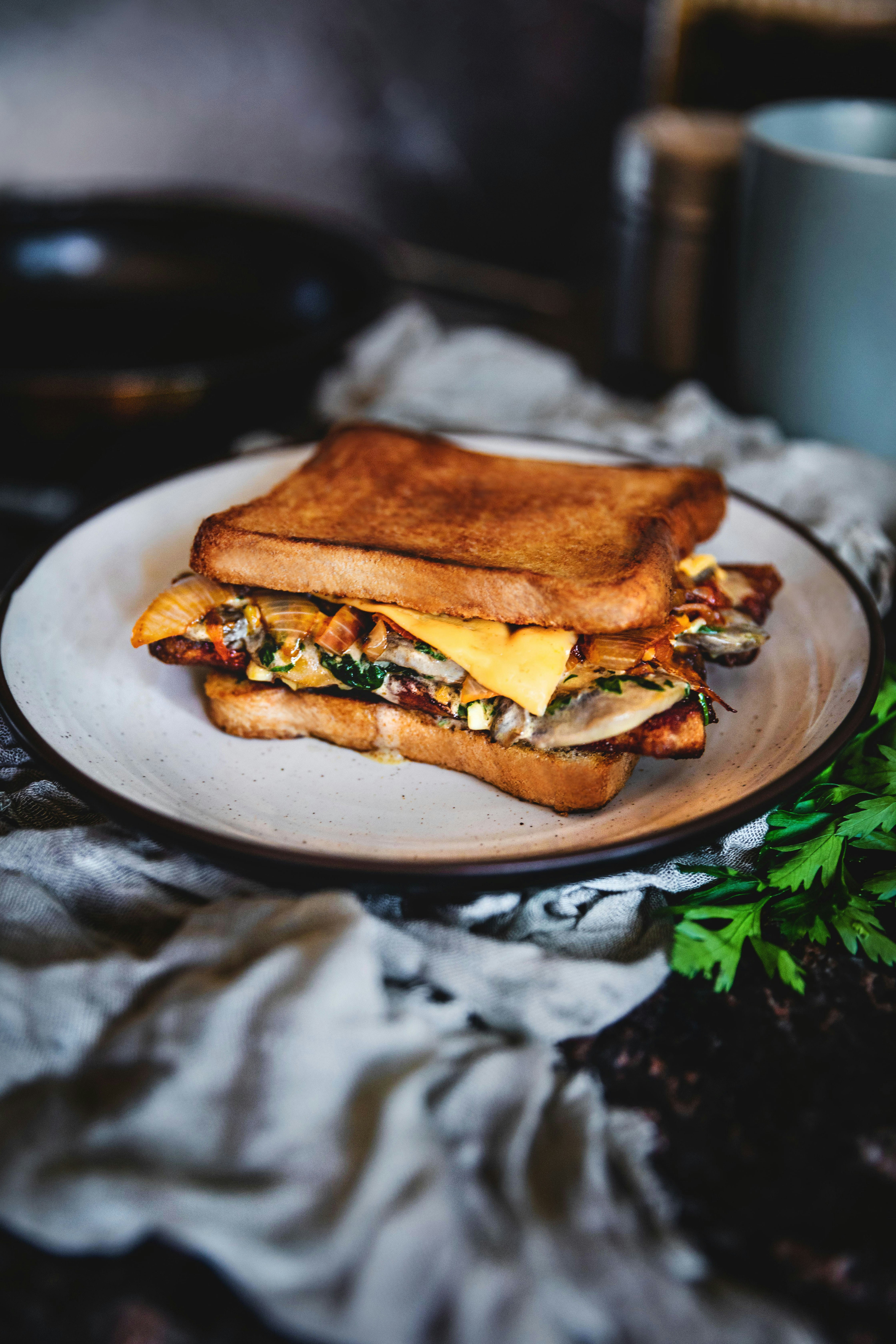 Toasted sandwich layered with cheese, vegetables, and crispy elements on a rustic plate. Garnished with fresh herbs.