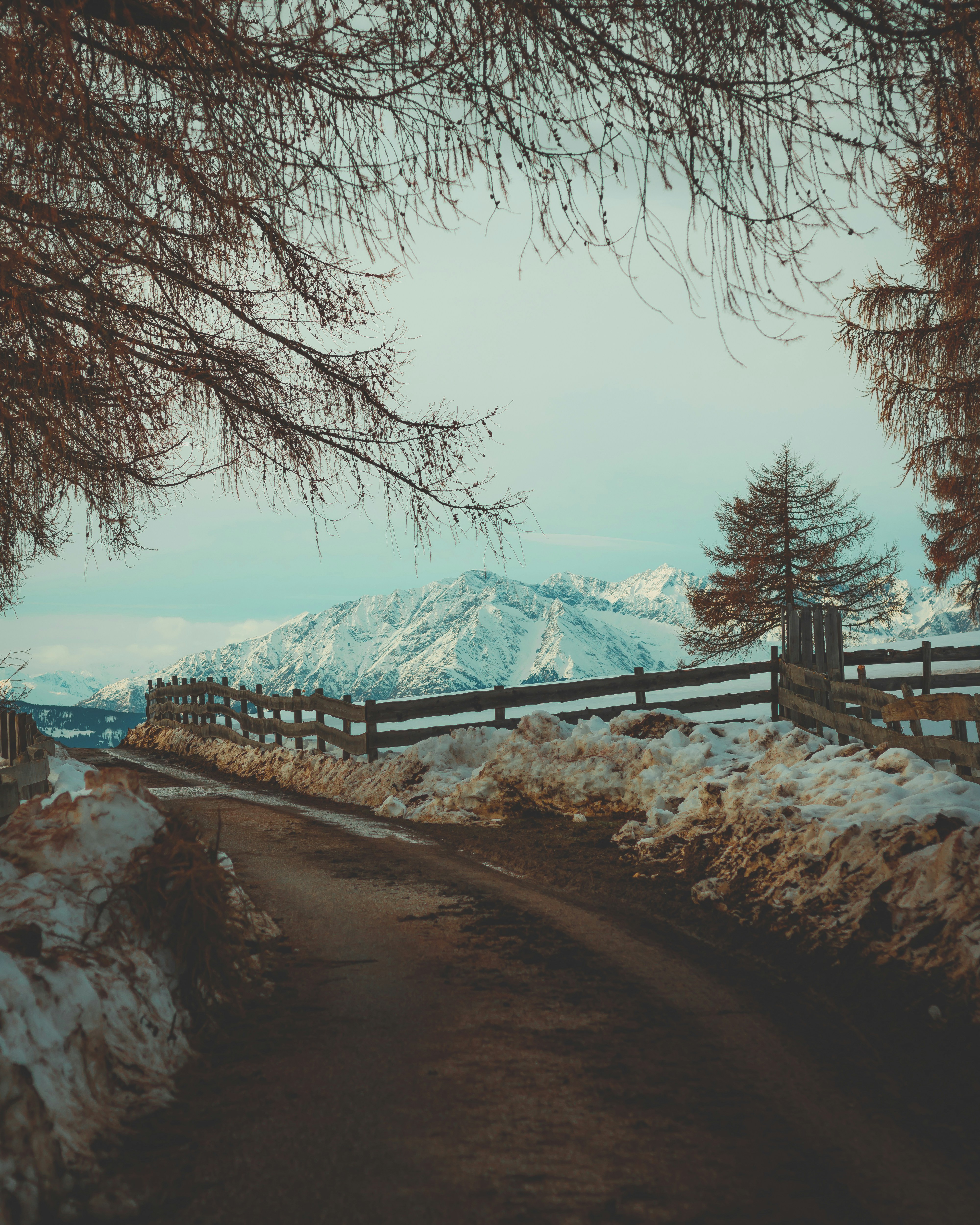 Snowbound Alpine Path: Winding Road Toward Snow-Capped Peaks