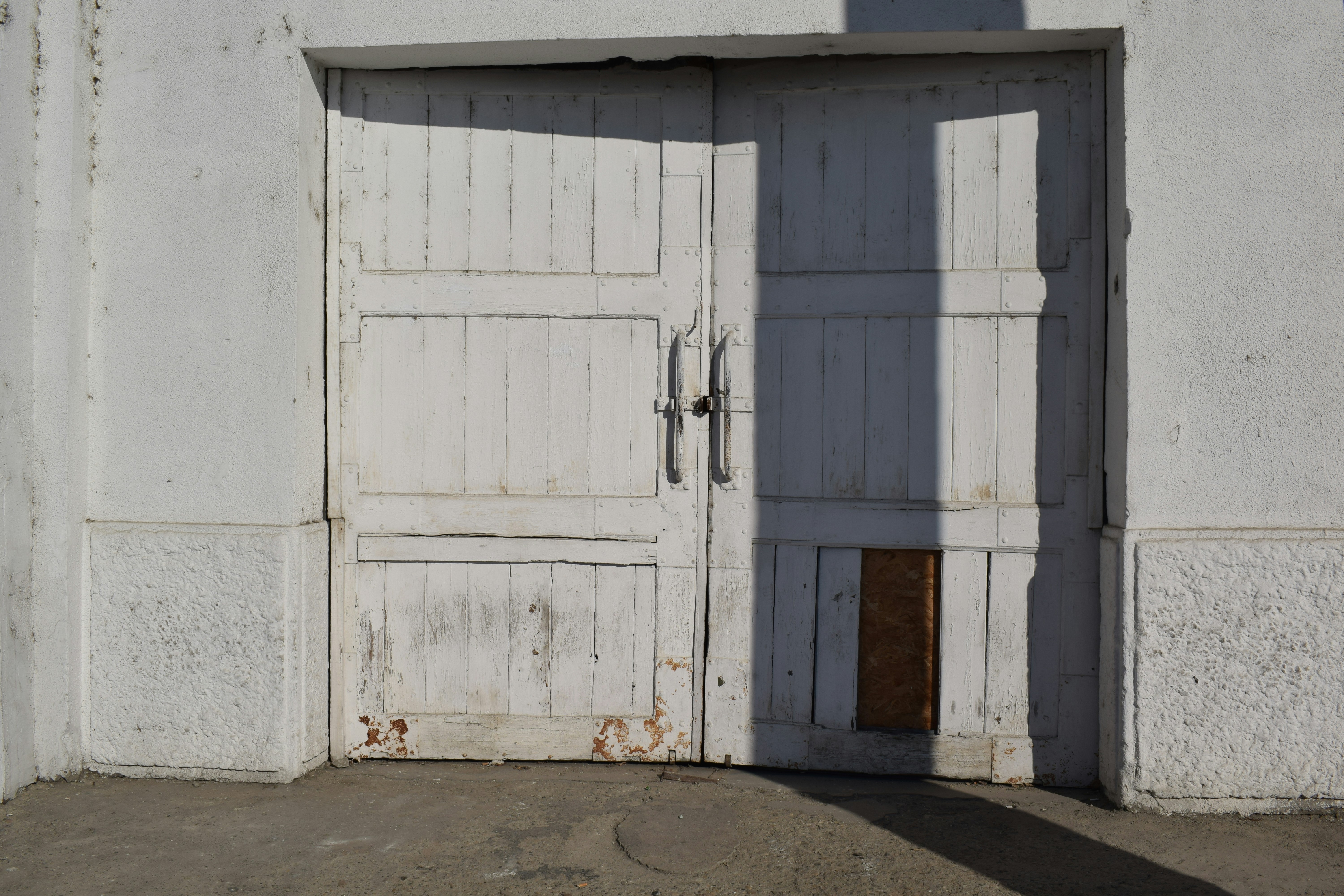 Weathered double doors with peeling white paint, revealing a patch of wood on the lower right. Sunlight casts shadows on the textured wall.