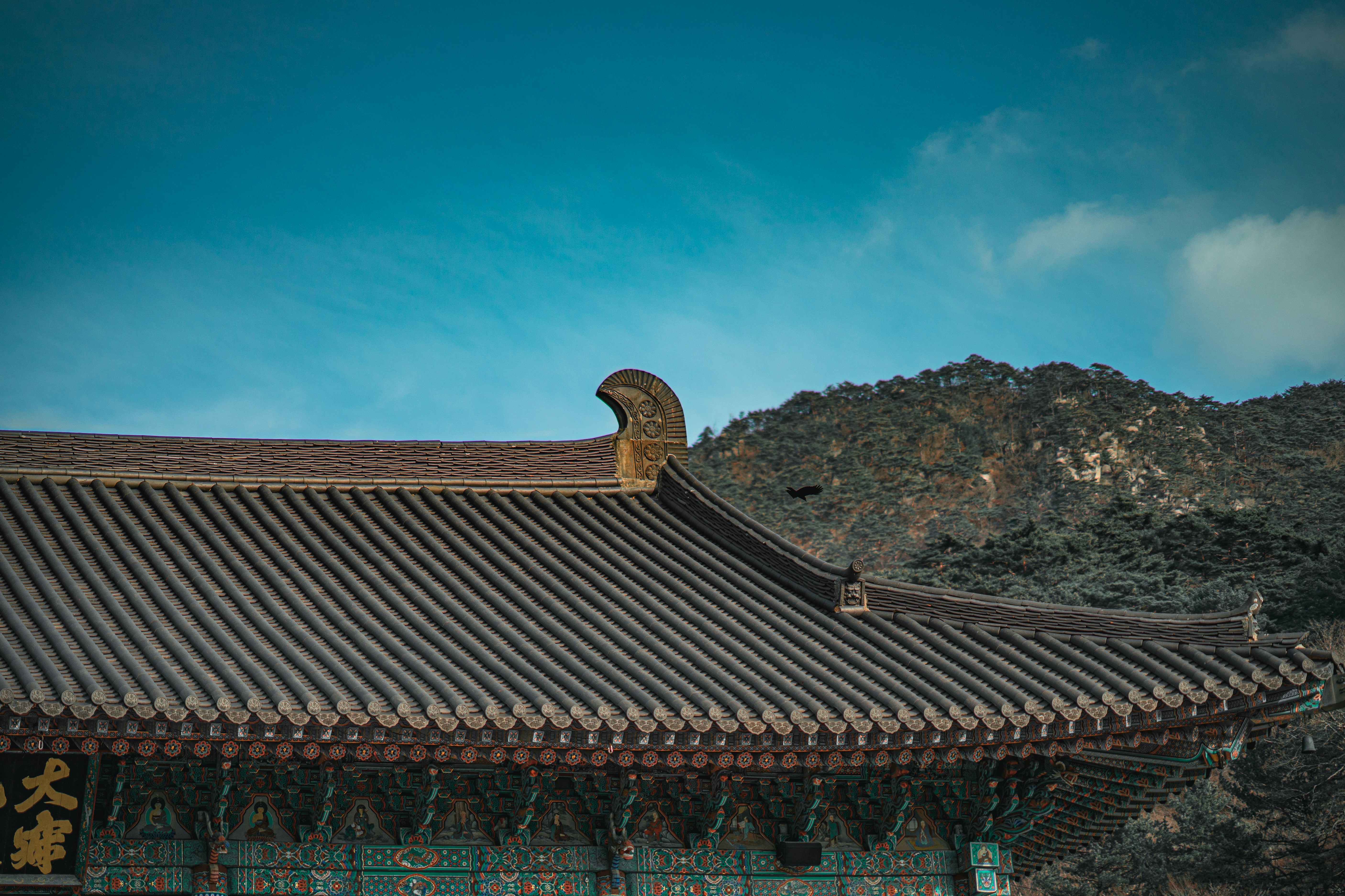 Temple Roof under a Clear Sky: Curved Ornament at the Ridge
