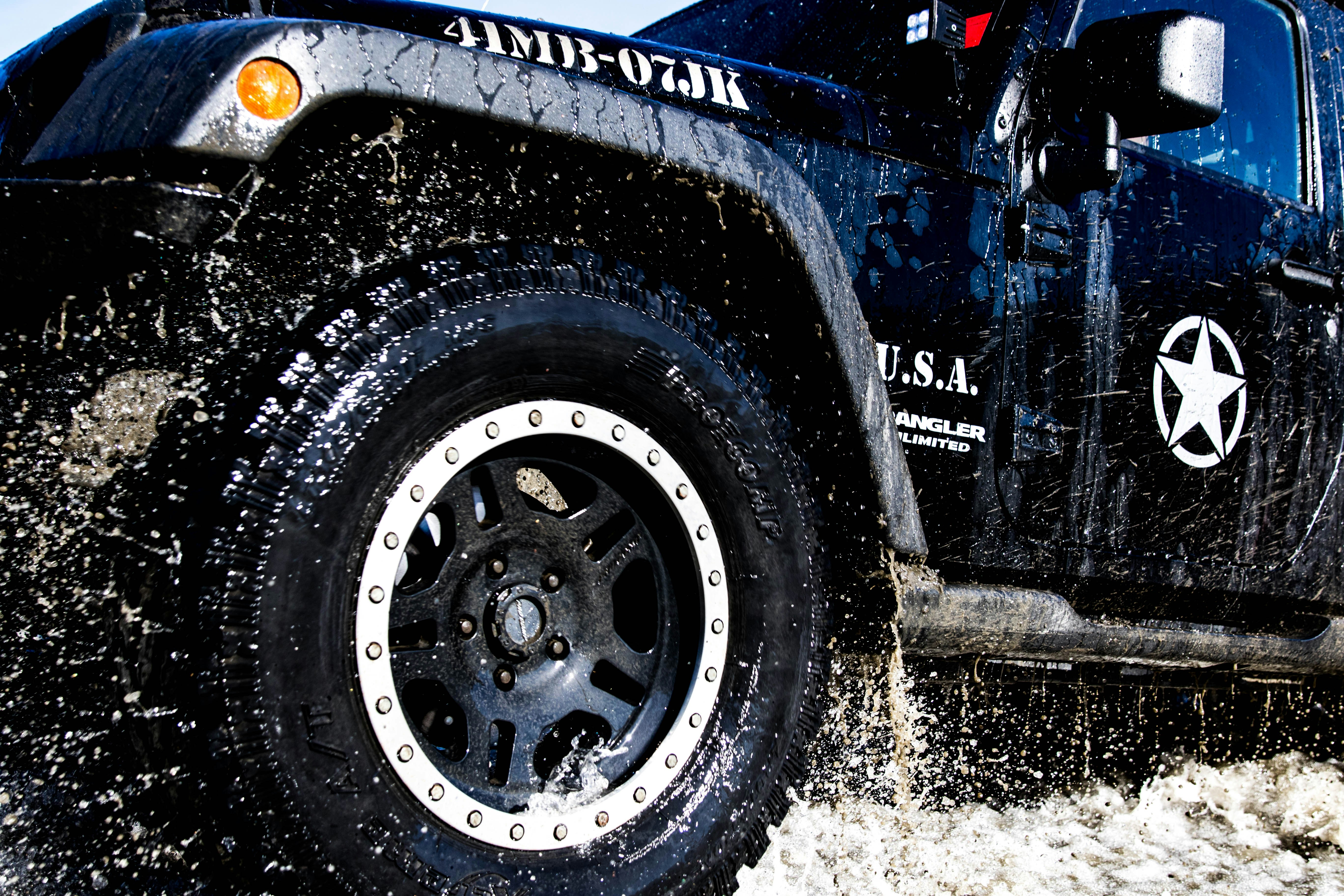 Front-Wheel Fury: Mud-Spray as an Off-Road Jeep Charges Through Water