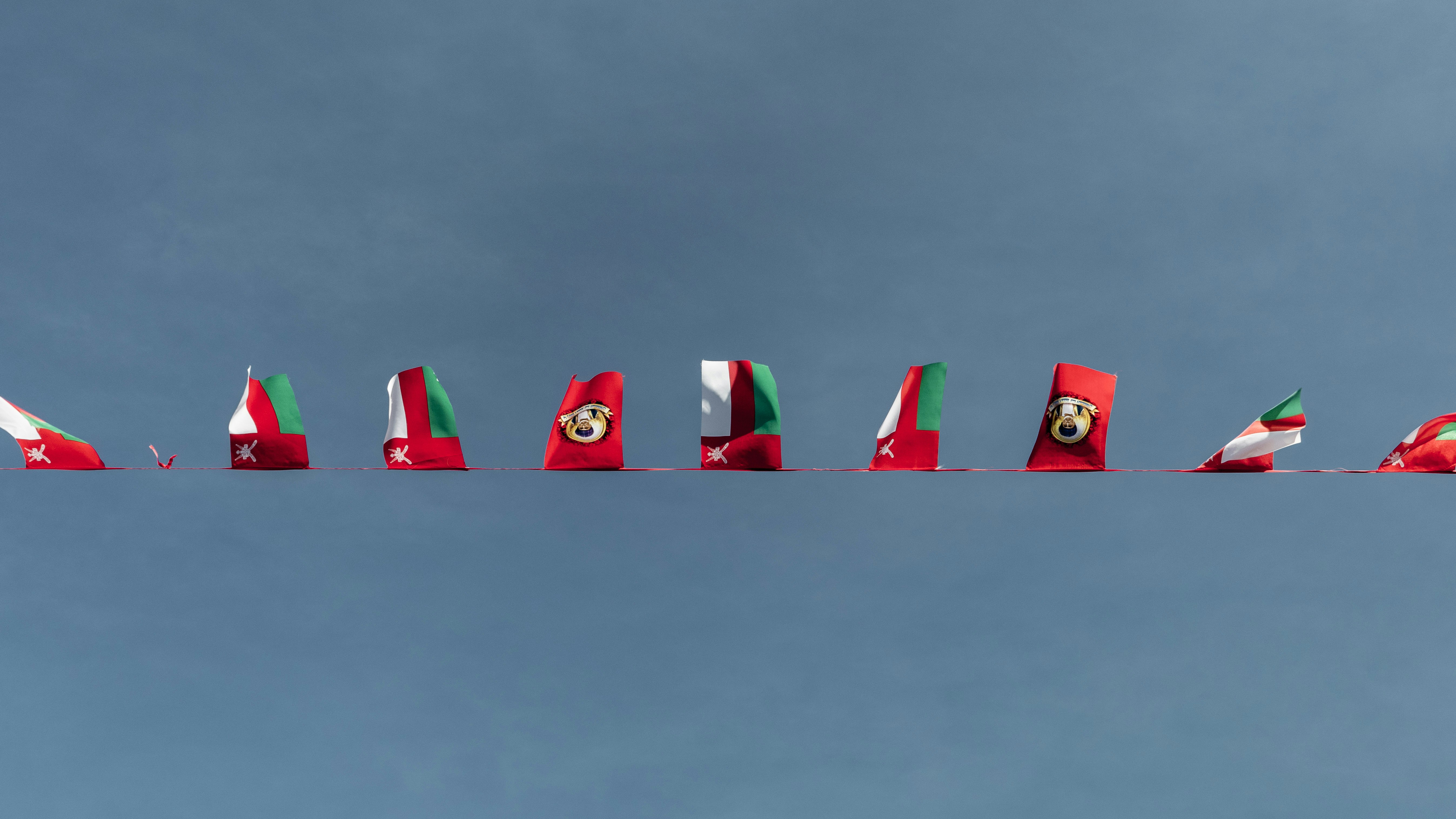 Colorful flags adorned with emblems flutter against a clear blue sky, creating a vibrant display of national pride.