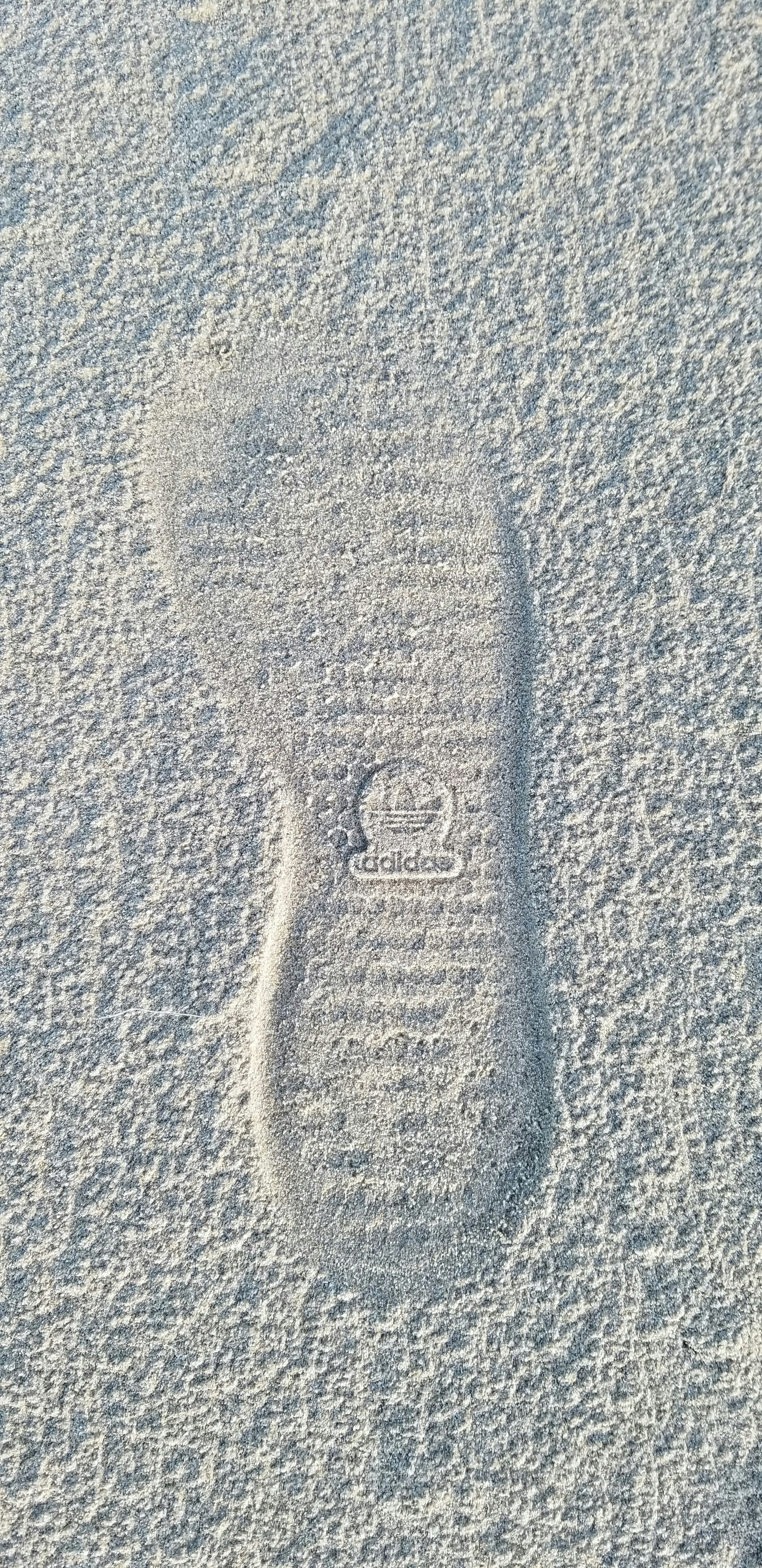 Sandal-shaped footprint imprint in fine sand reveals an Adidas logo on the sole.