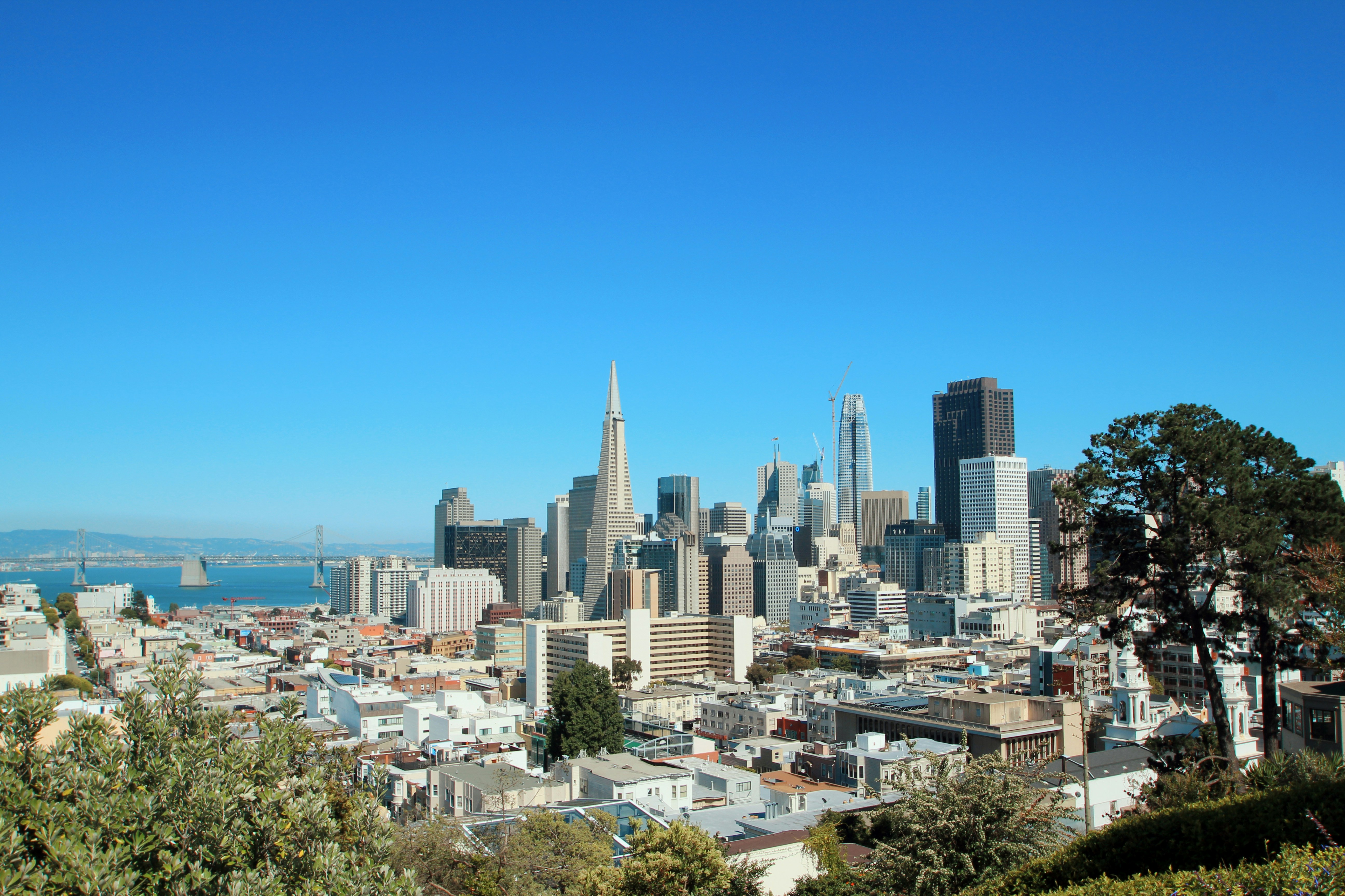 City skyline with iconic skyscrapers under a clear blue sky.