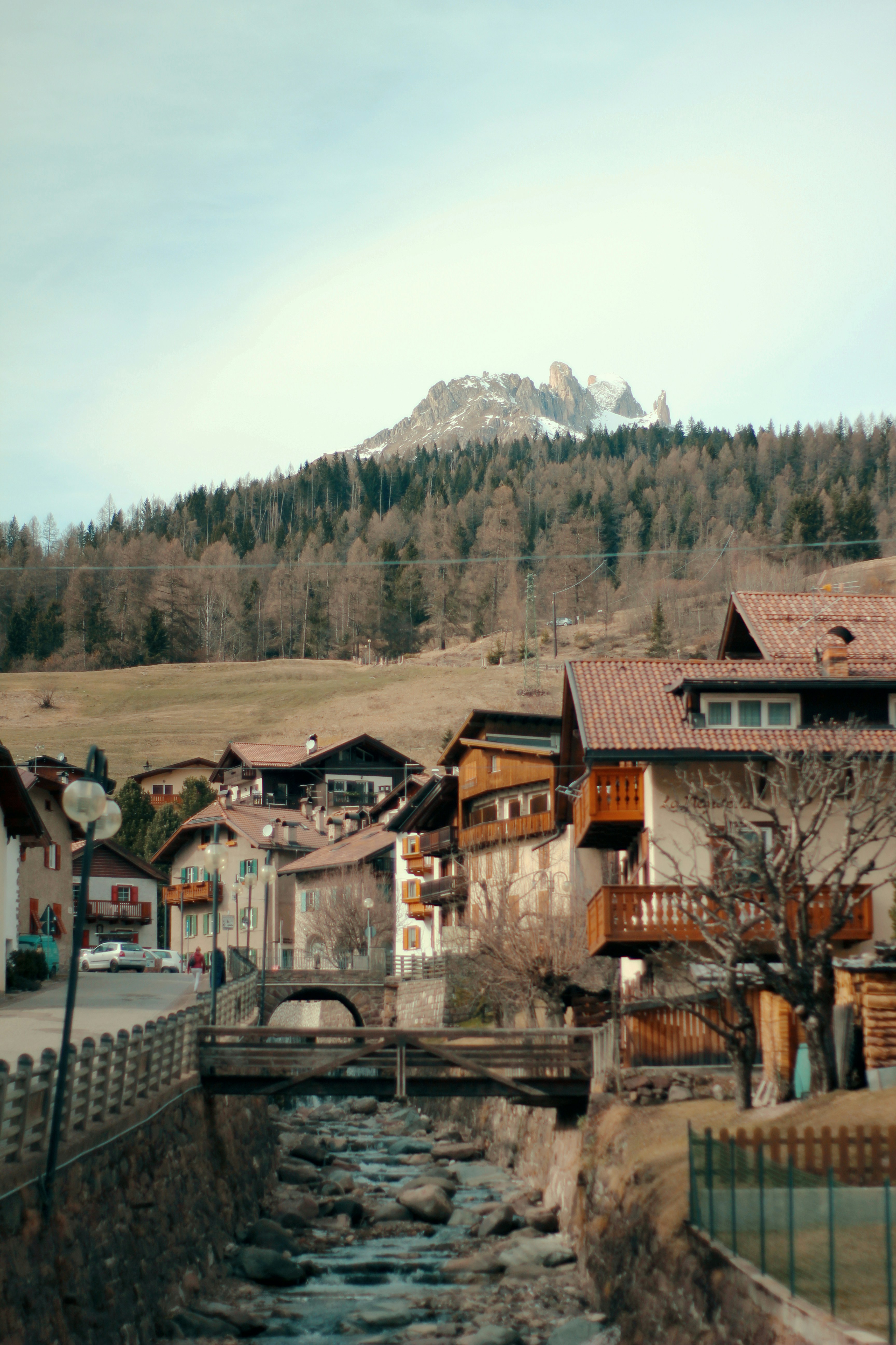 Alpine Crossroads: Wooden Chalets Framing a Mountain Brook