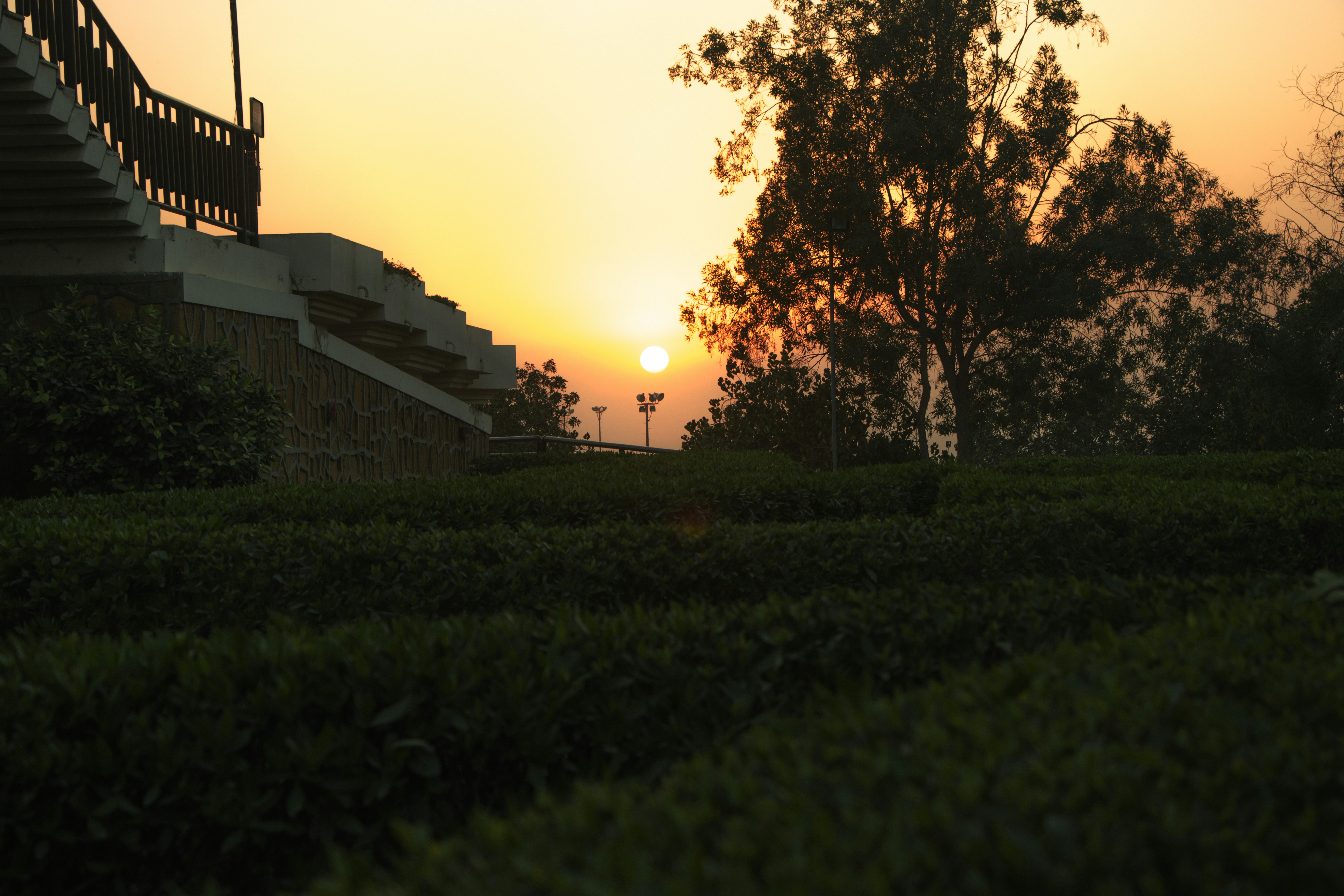 Sunset Over a Quiet Garden Stairway