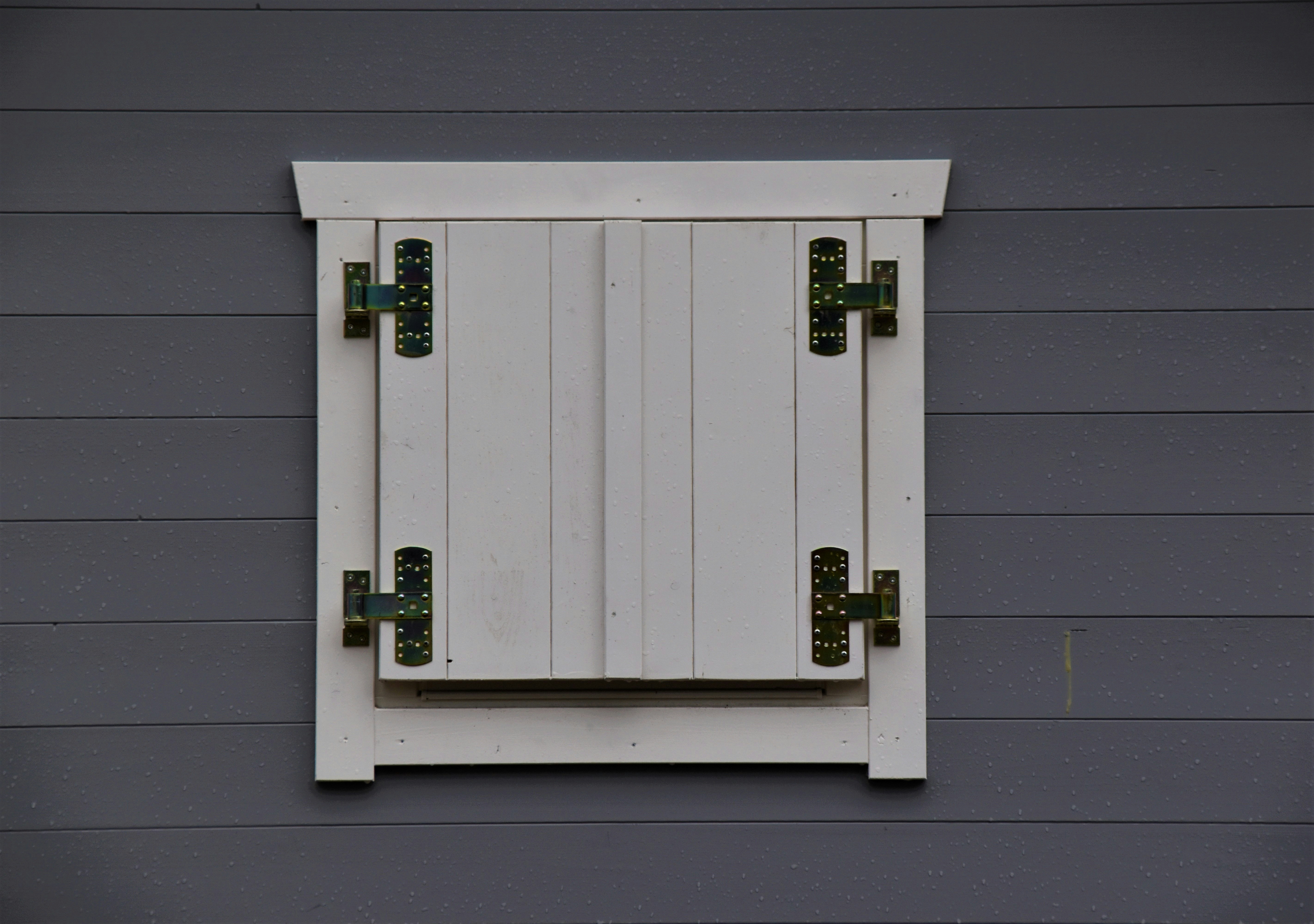 Center-Frame White Shutter on Slate-Blue Exterior