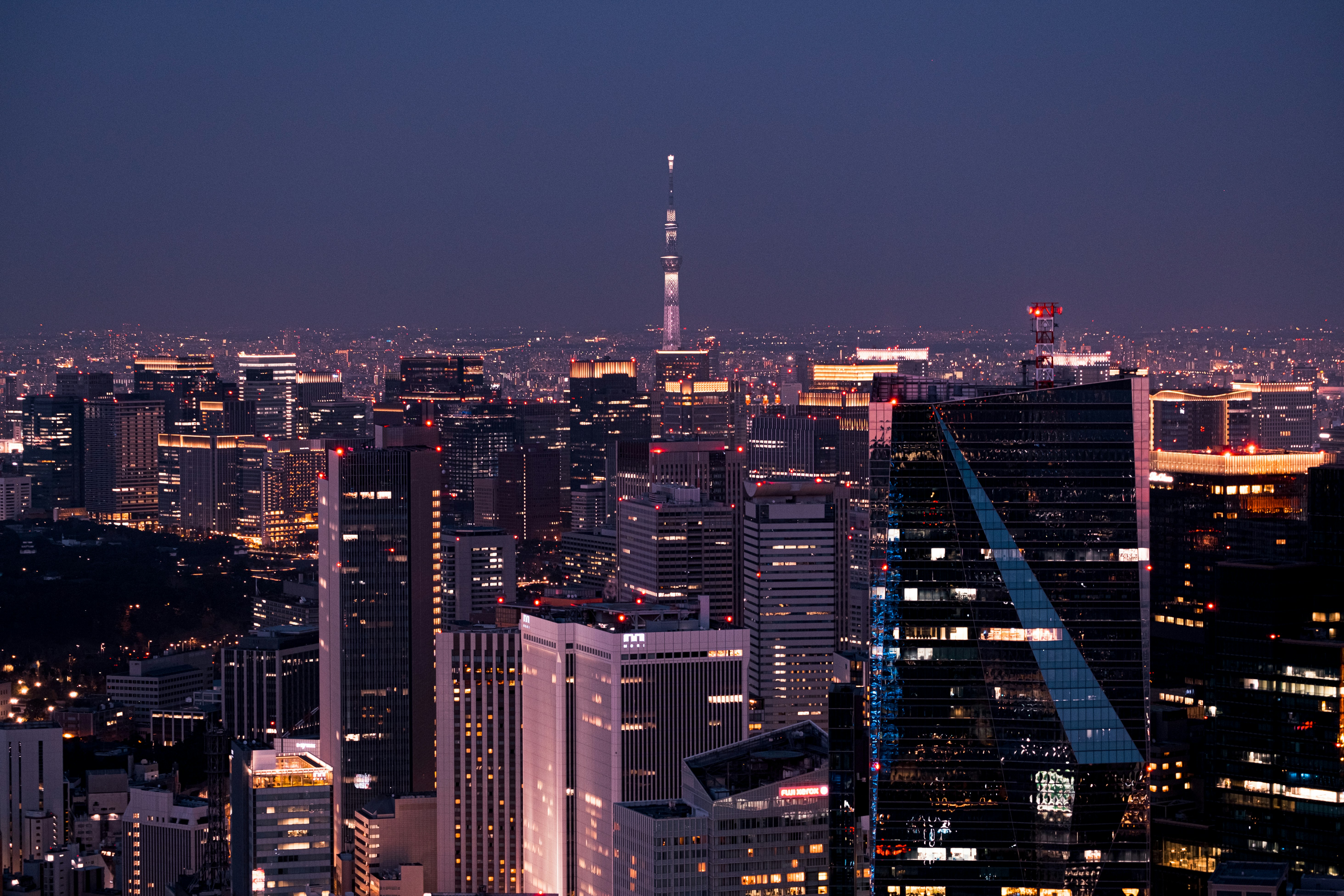 Midnight Tower Pulse: Tokyo-like Skyline Beneath a Velvet Dark Sky