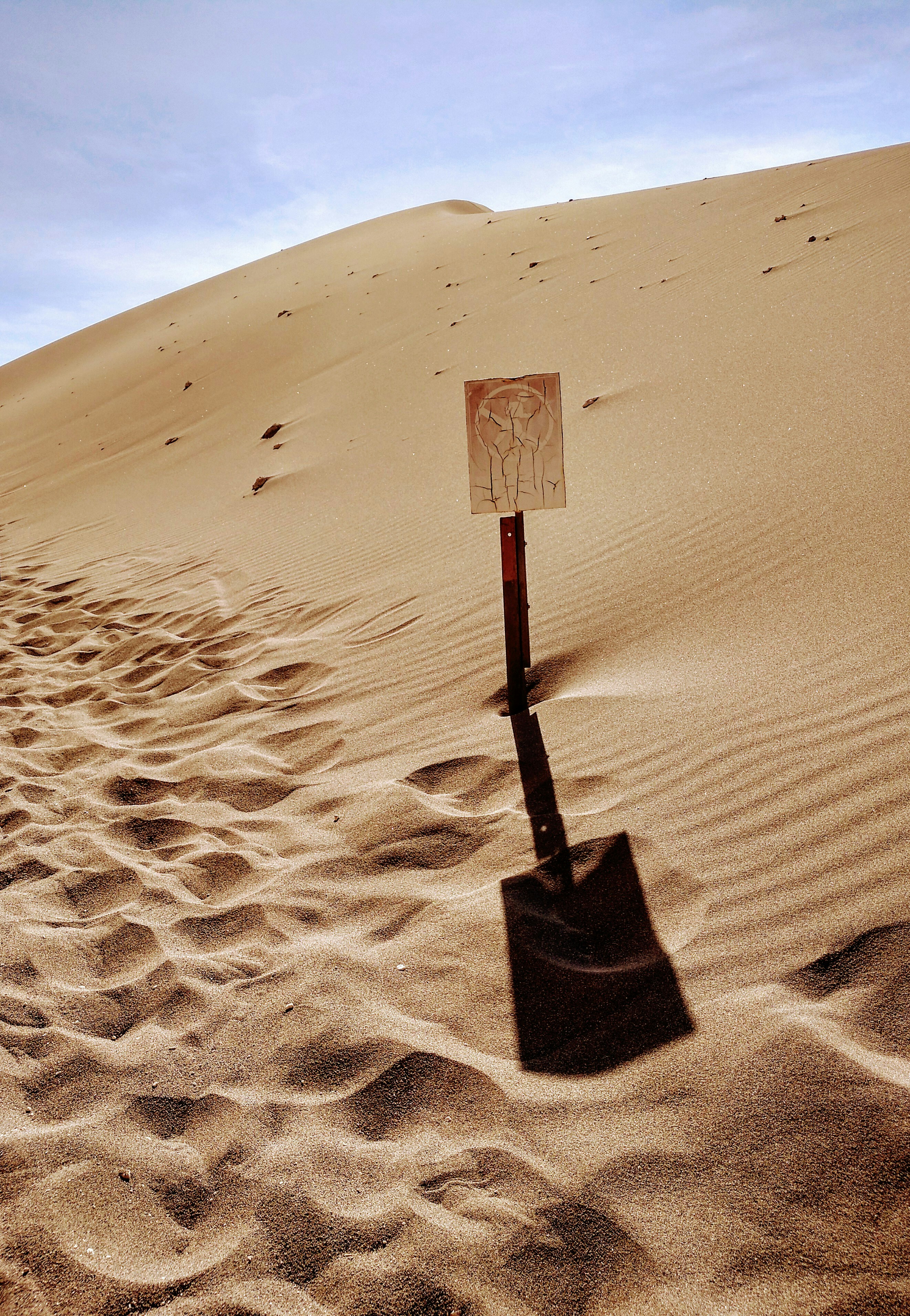 Wooden sign casting a long shadow on a sunlit sand dune under a clear sky.