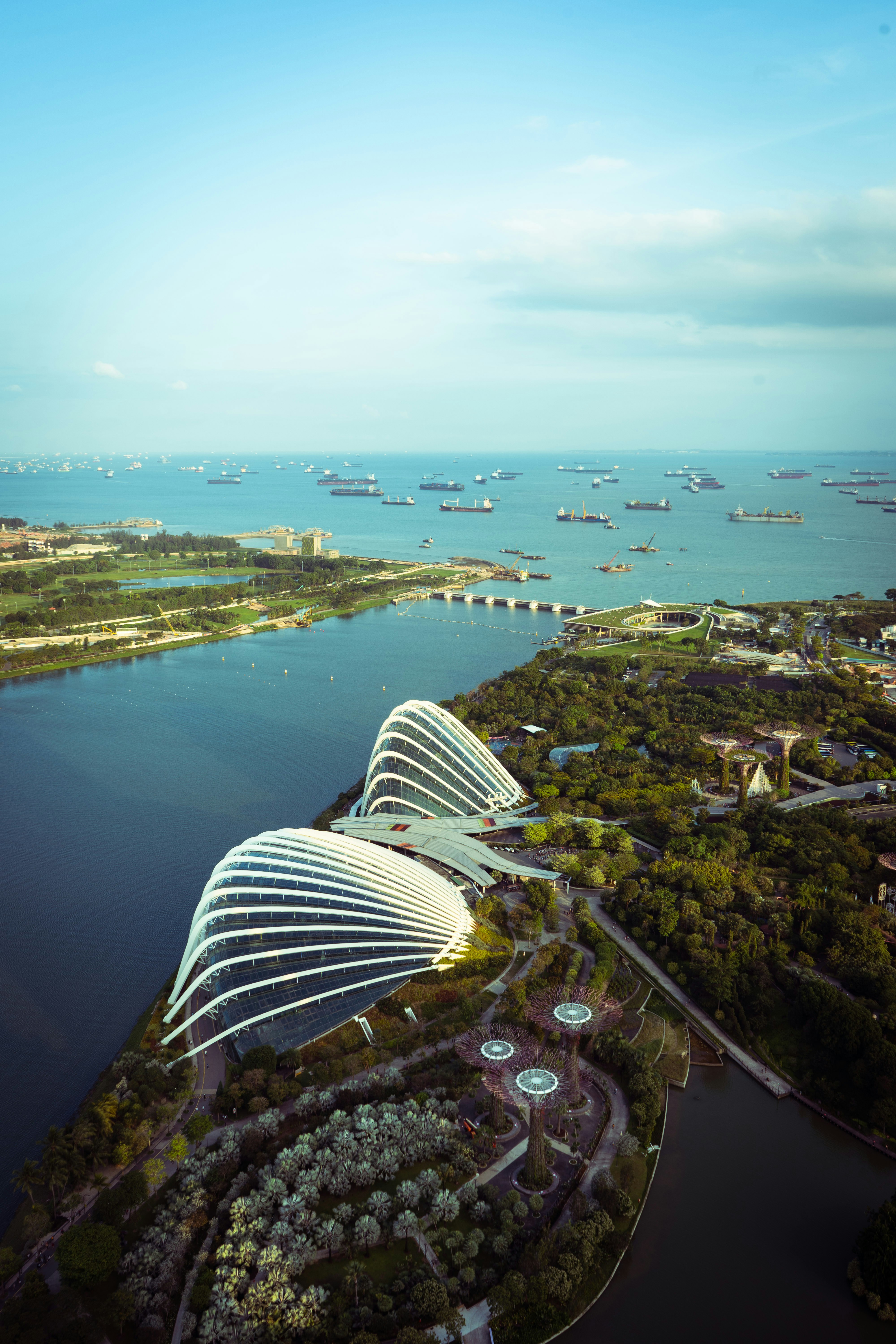 Futuristic botanical structures nestled within lush greenery beside a serene waterway, framed by a bustling harbor in the background.