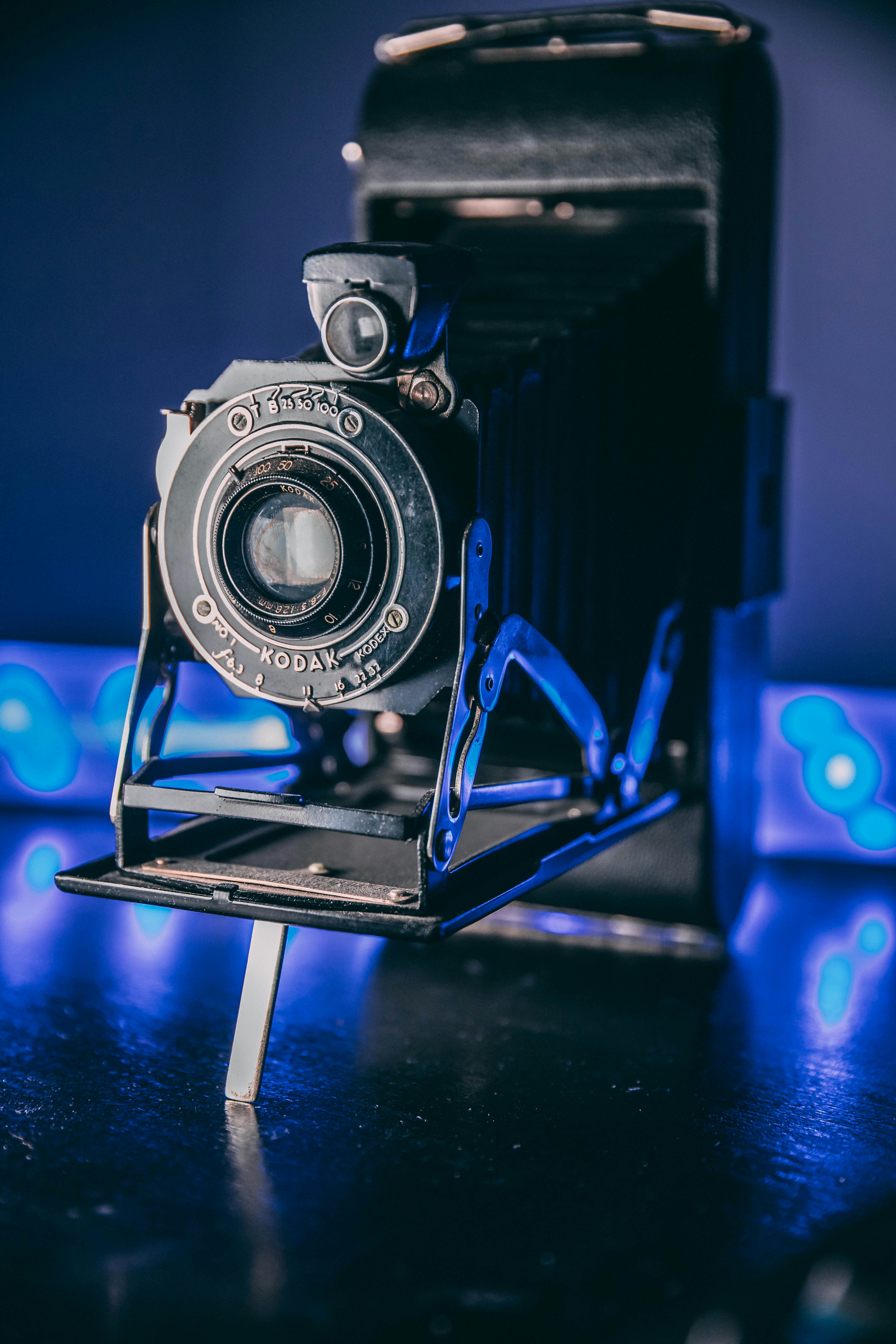 Blue Neon Portrait of a Vintage Kodak Bellows Camera