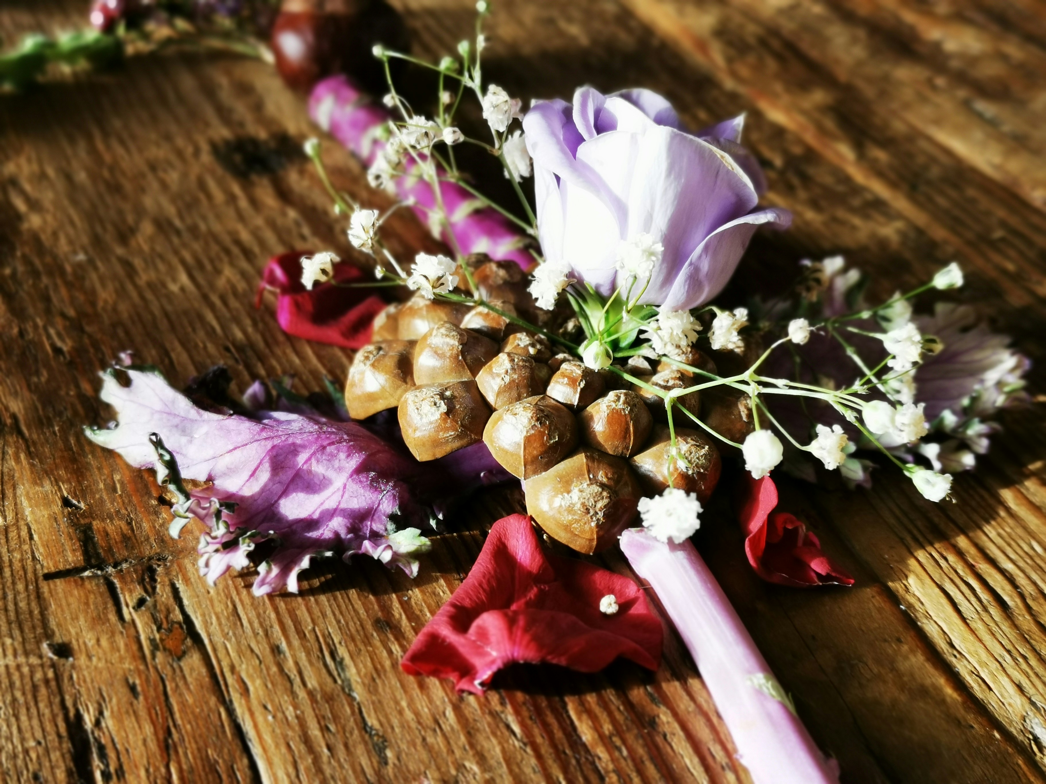 Arrangement of delicate flowers and natural elements on a wooden surface, showcasing a blend of colors and textures.